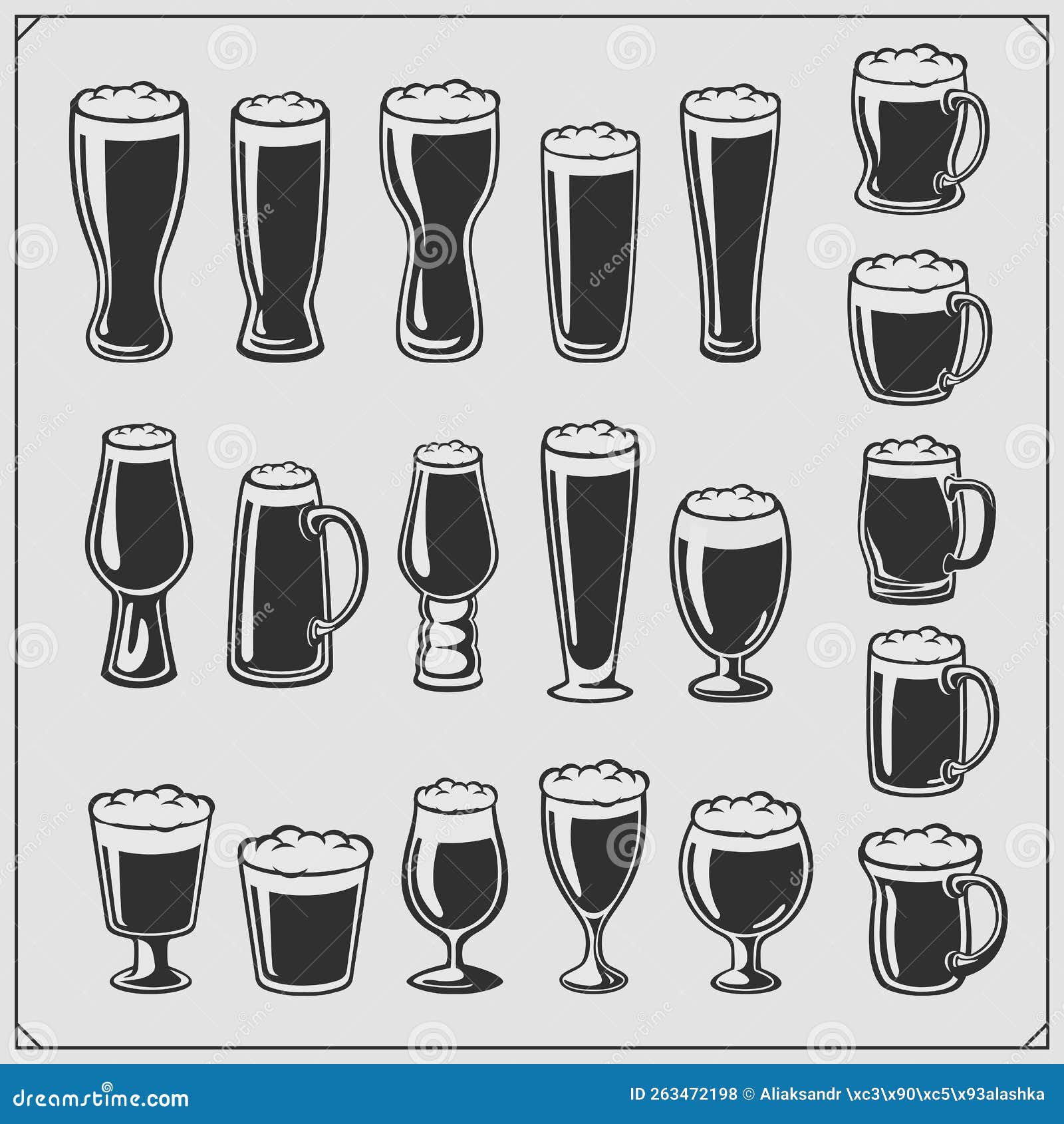 Vector Beer Glassware Set. Black and White. Stock Vector - Illustration ...