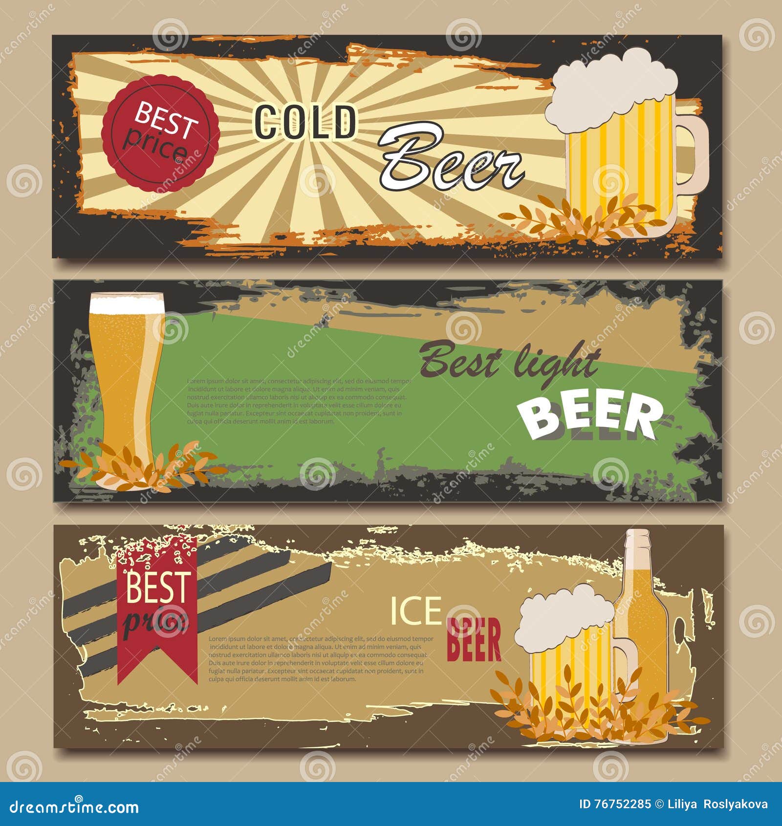 Vector Beer Horizontal Vintage Banners. Mug, Bottle. Best Price. Light ...