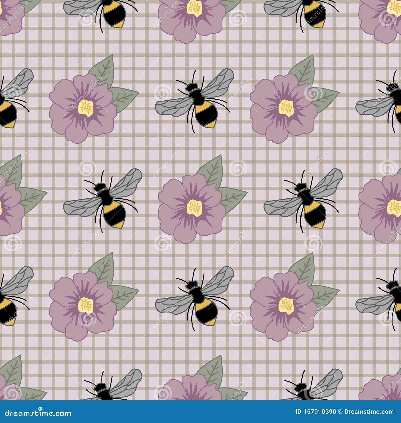 Vector Bees Purple Flowers on Light Purple Seamless Repeat Pattern ...