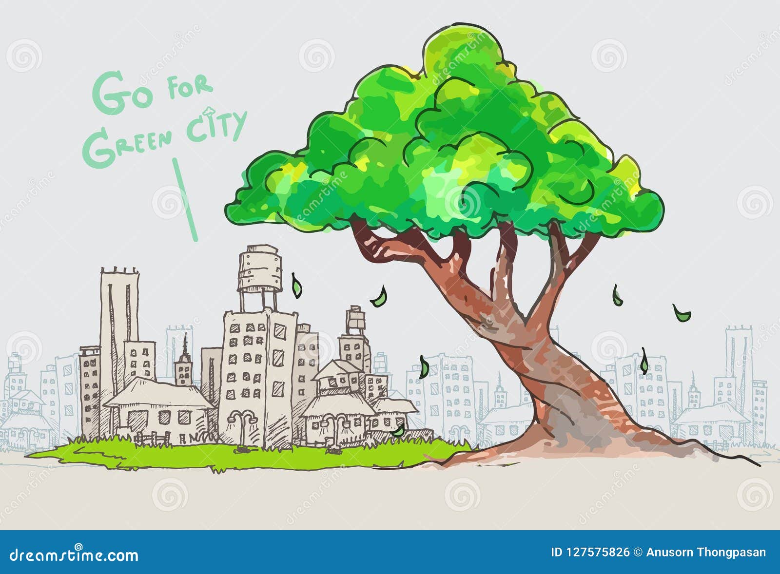 Vector Big Tree and Outline of City,doodle Tree and Green City Stock ...