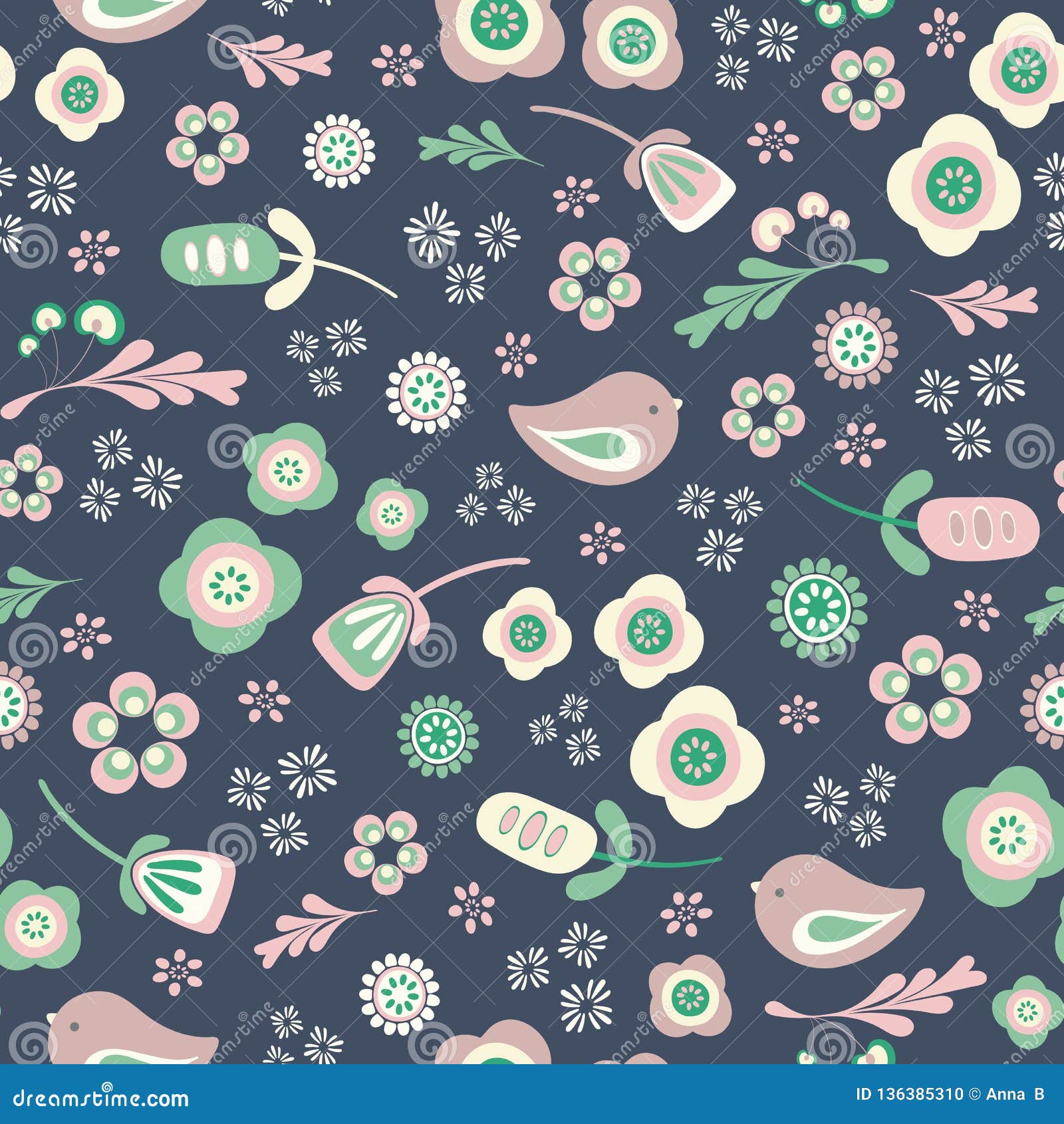 Vector Birds and Floral Seamless Repeat Pattern Stock Illustration ...