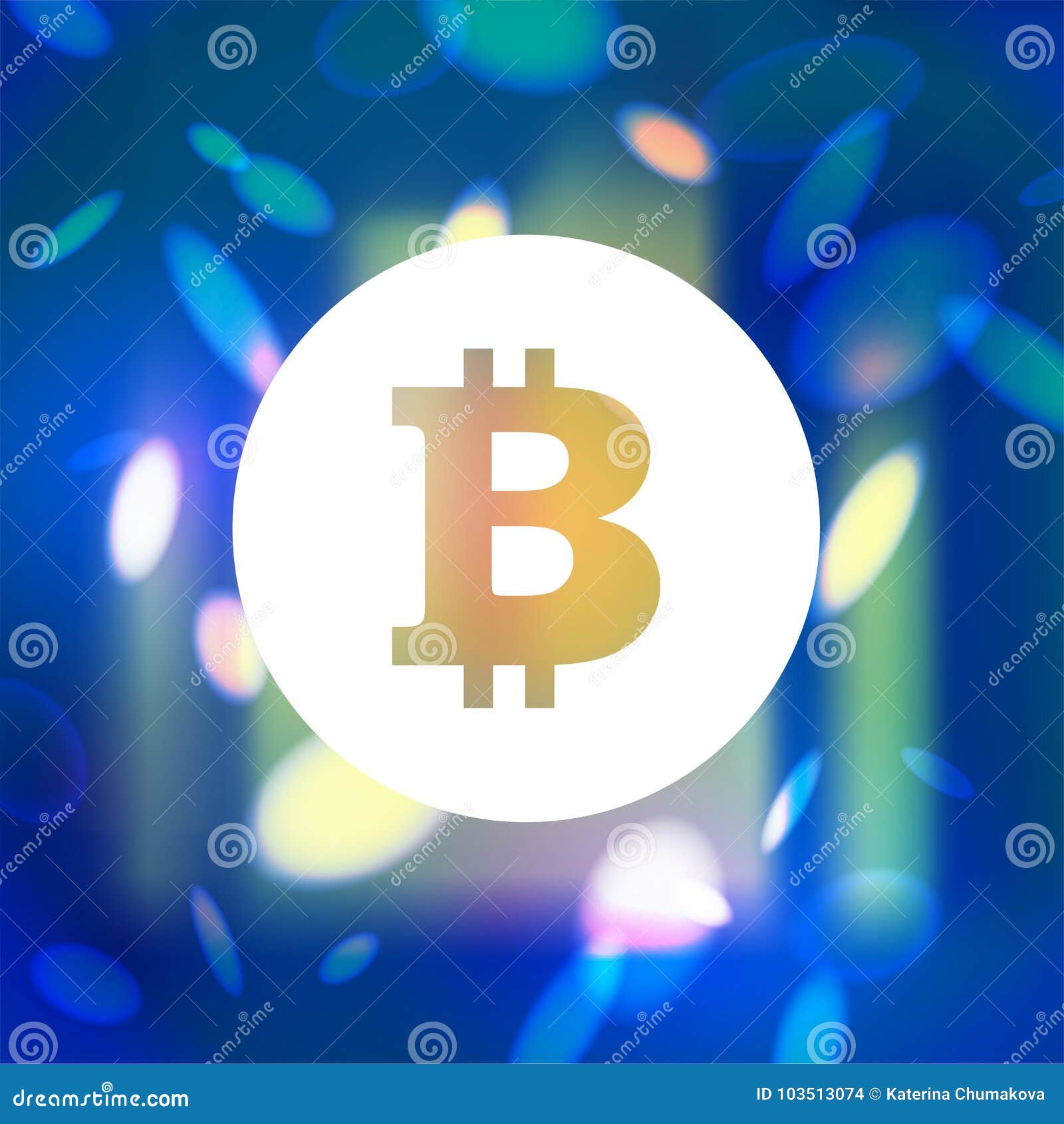 Vector Bitcoin Simple Flat Emblem on Blue Blurred Background. Stock ...