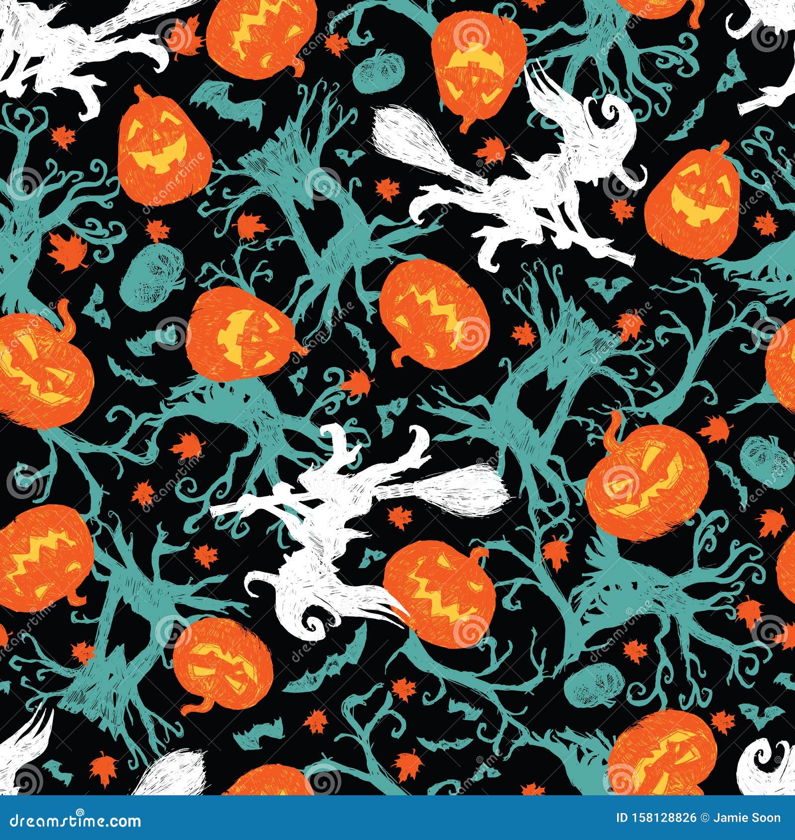 Vector Black Colourful Hand Drawn Halloween Repeat Pattern. Suitable ...