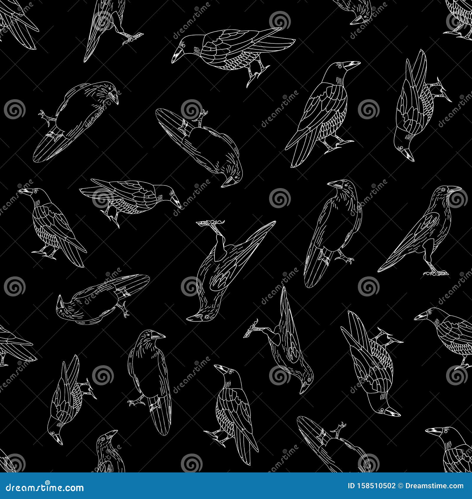 Vector Black Crows Ravens Birds on Black Background Seamless Repeat ...