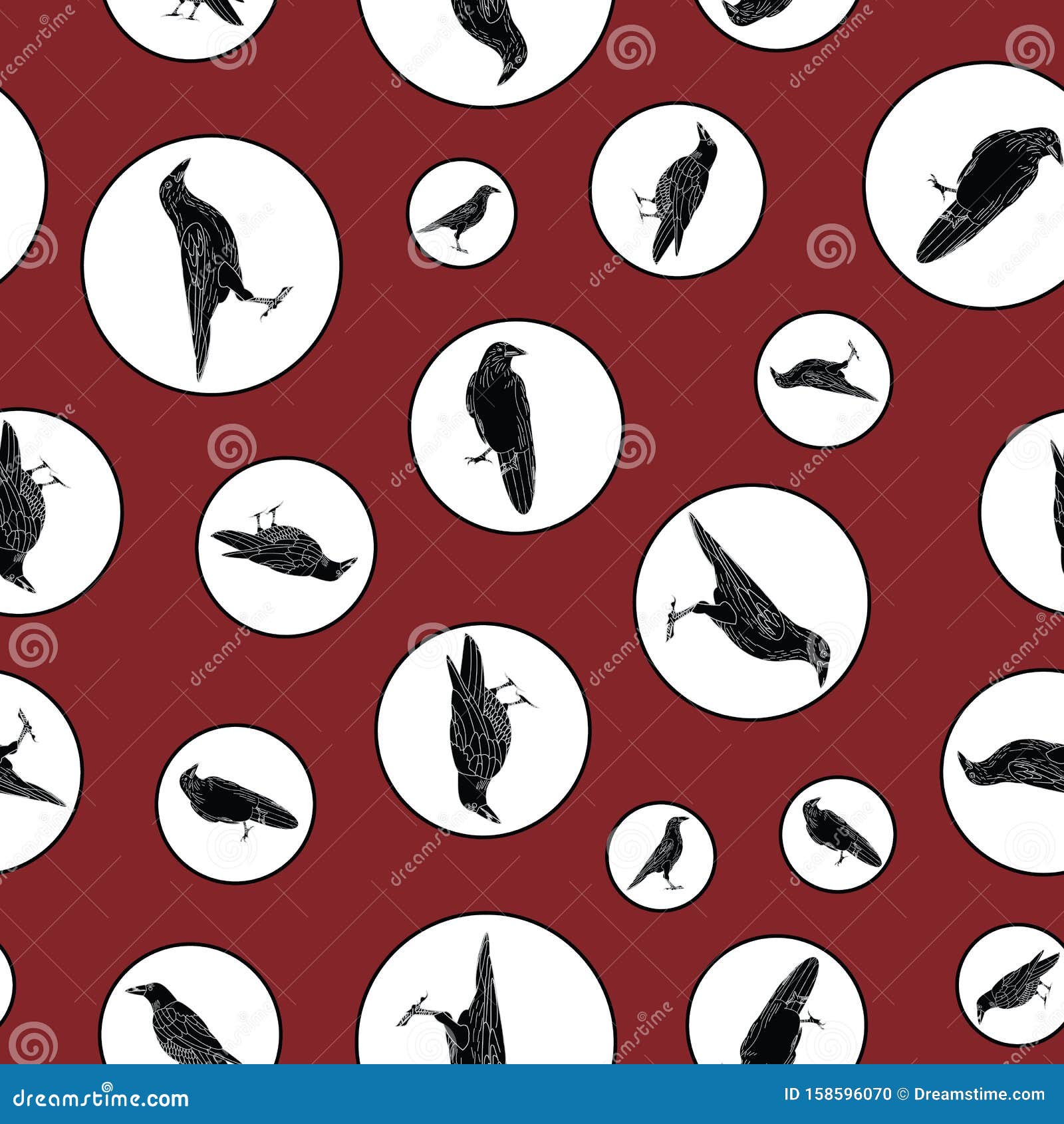 Vector Black Crows Ravens Birds in White Polka Dots on Red Background ...
