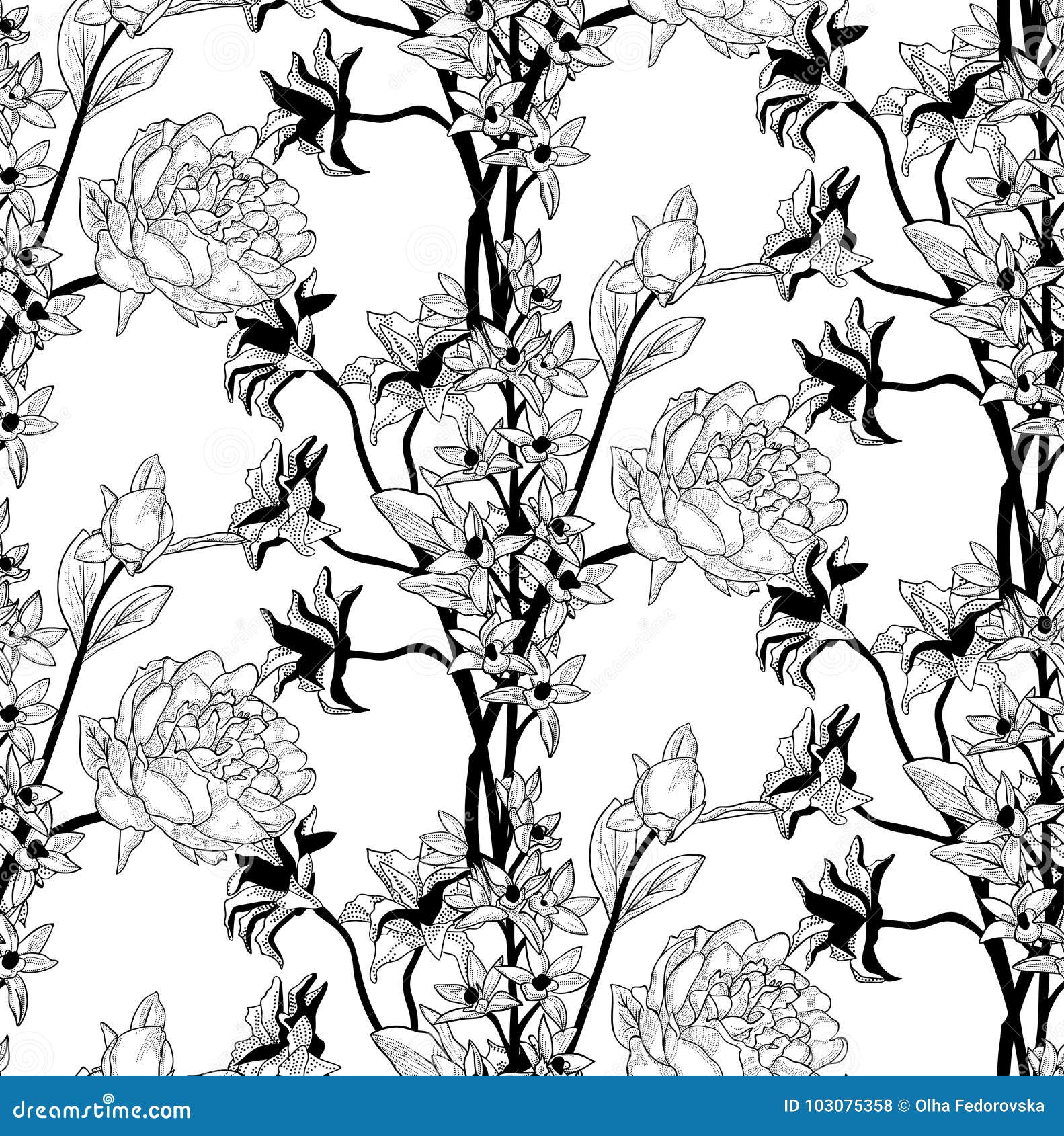 Vector Black Seamless Pattern with Drawn Flowers, Peony Stock Vector ...