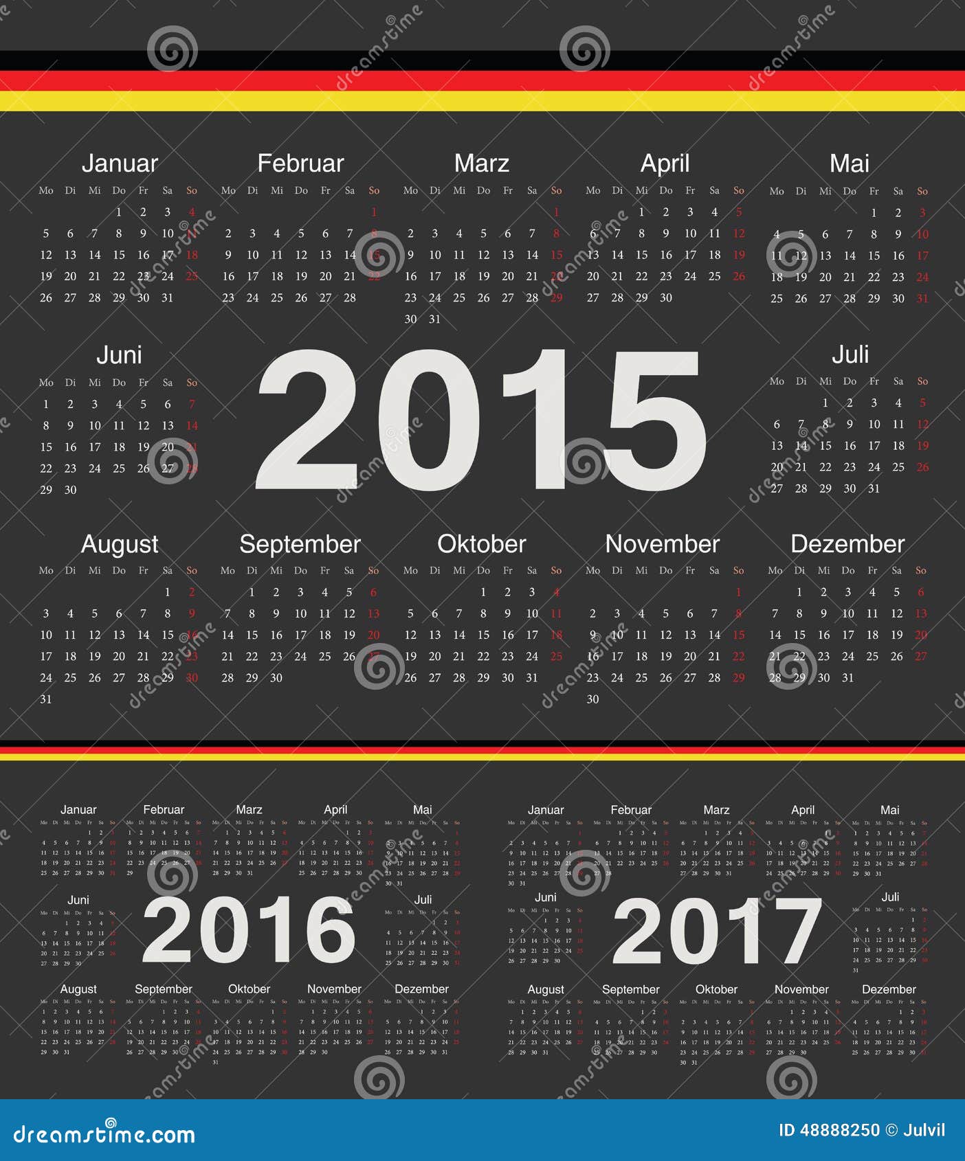 Vector Black German Circle Calendars 2015, 2016, 2017 Stock Vector ...
