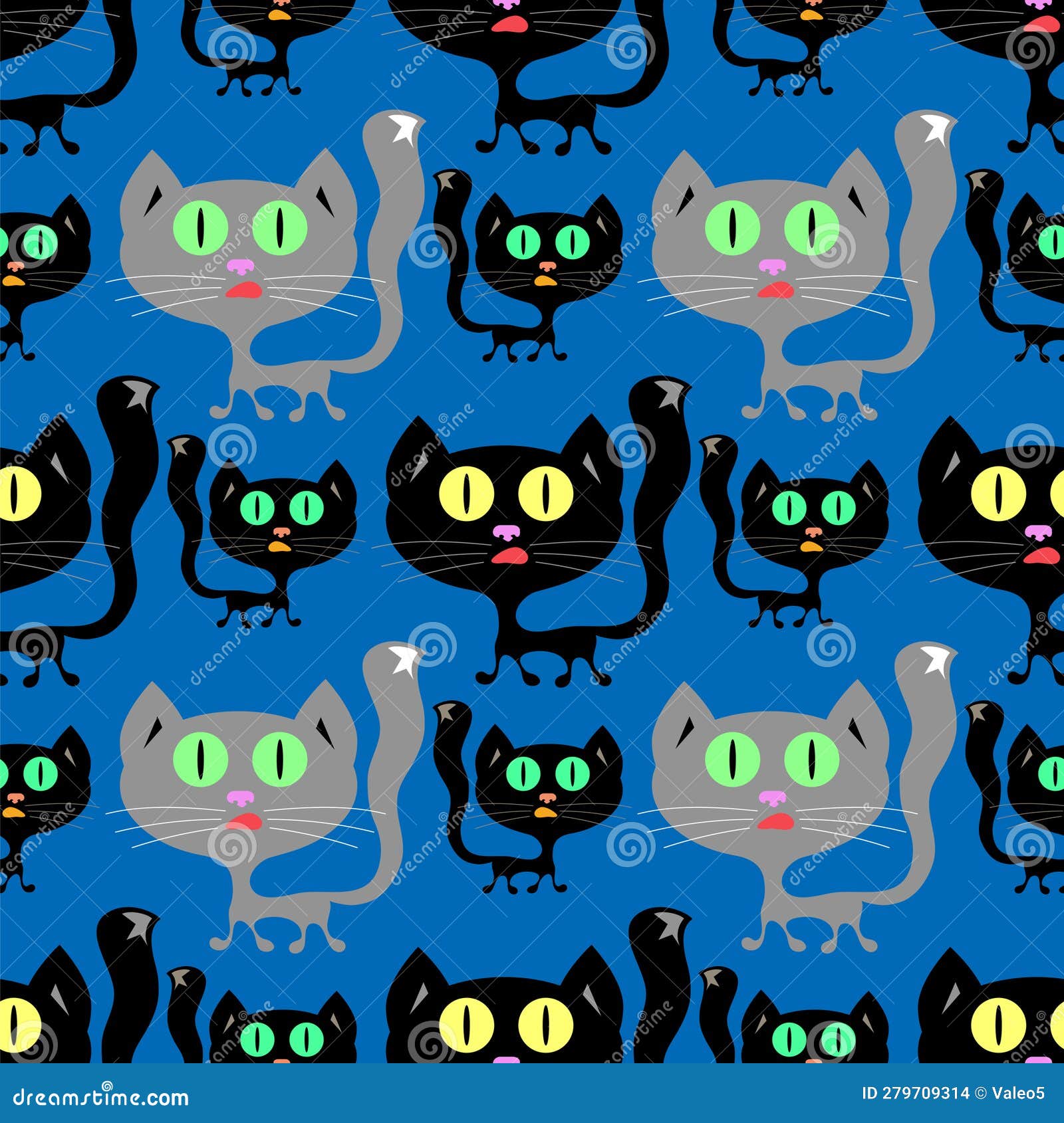 Vector Black and Grey Cats Seamless Pattern on Blue Background Stock ...