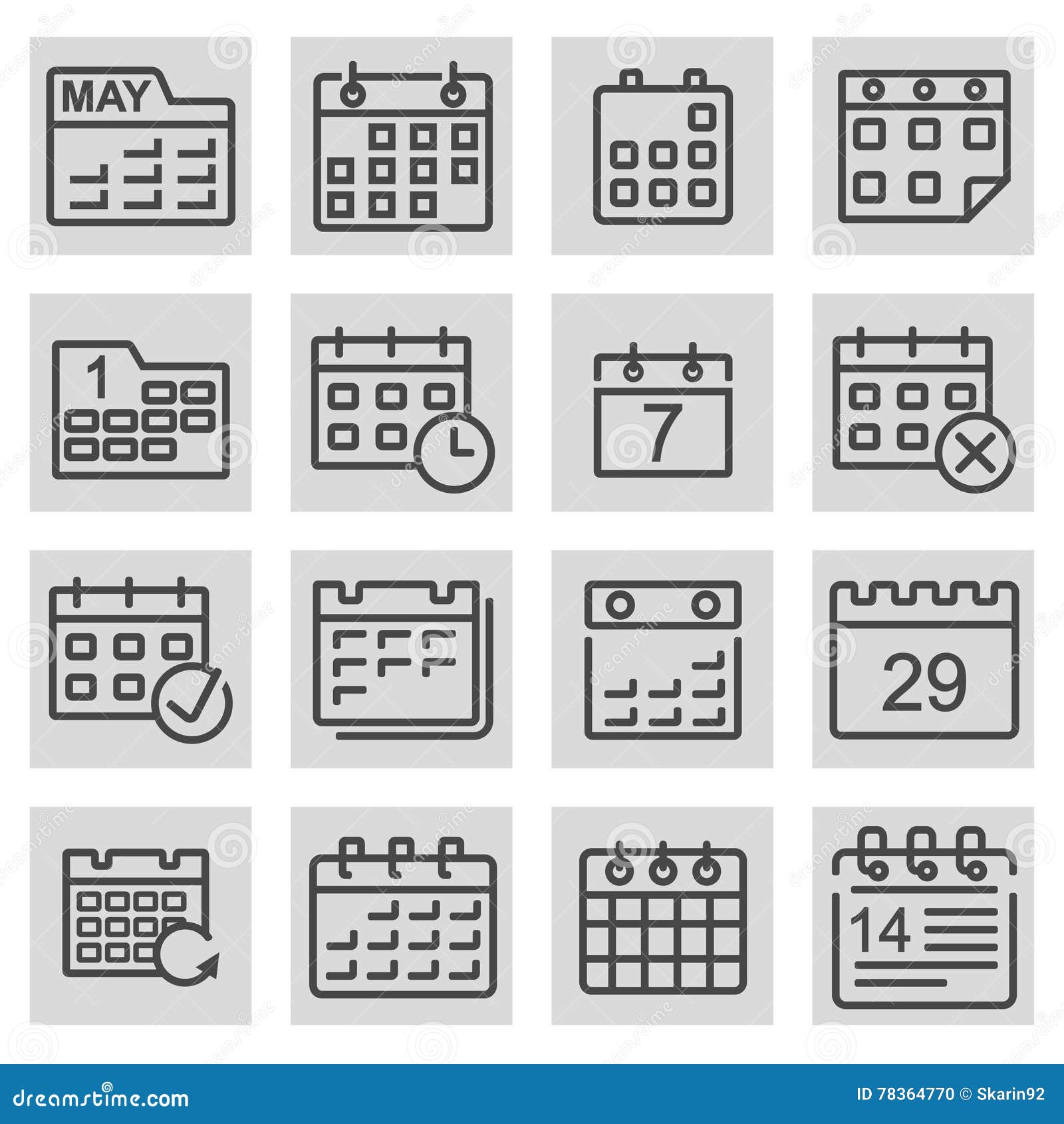 Vector Black Line Calendar Icons Set Stock Illustration - Illustration ...