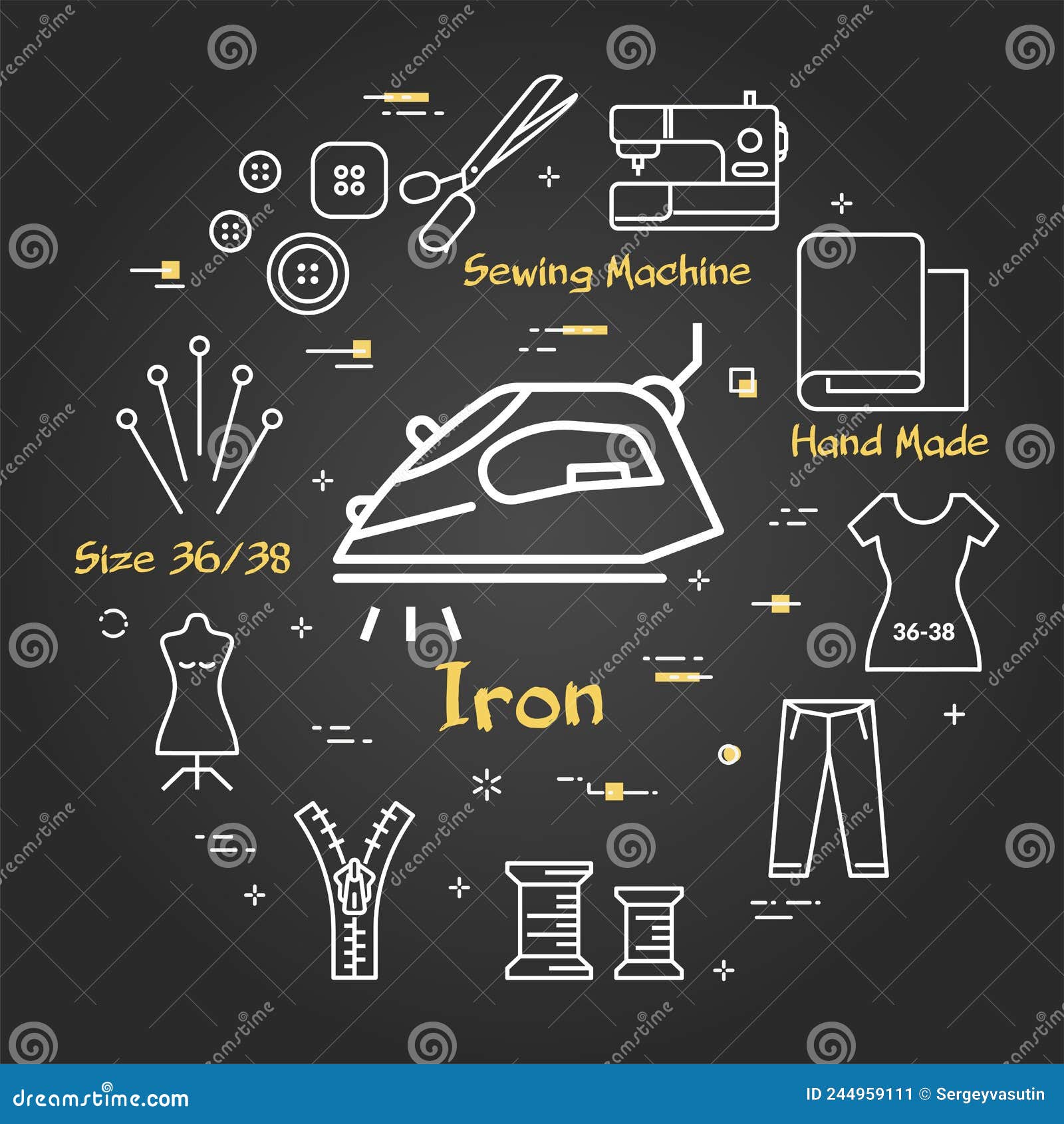 Vector Black Line Concept of Sewing and Tailoring Profession. White ...