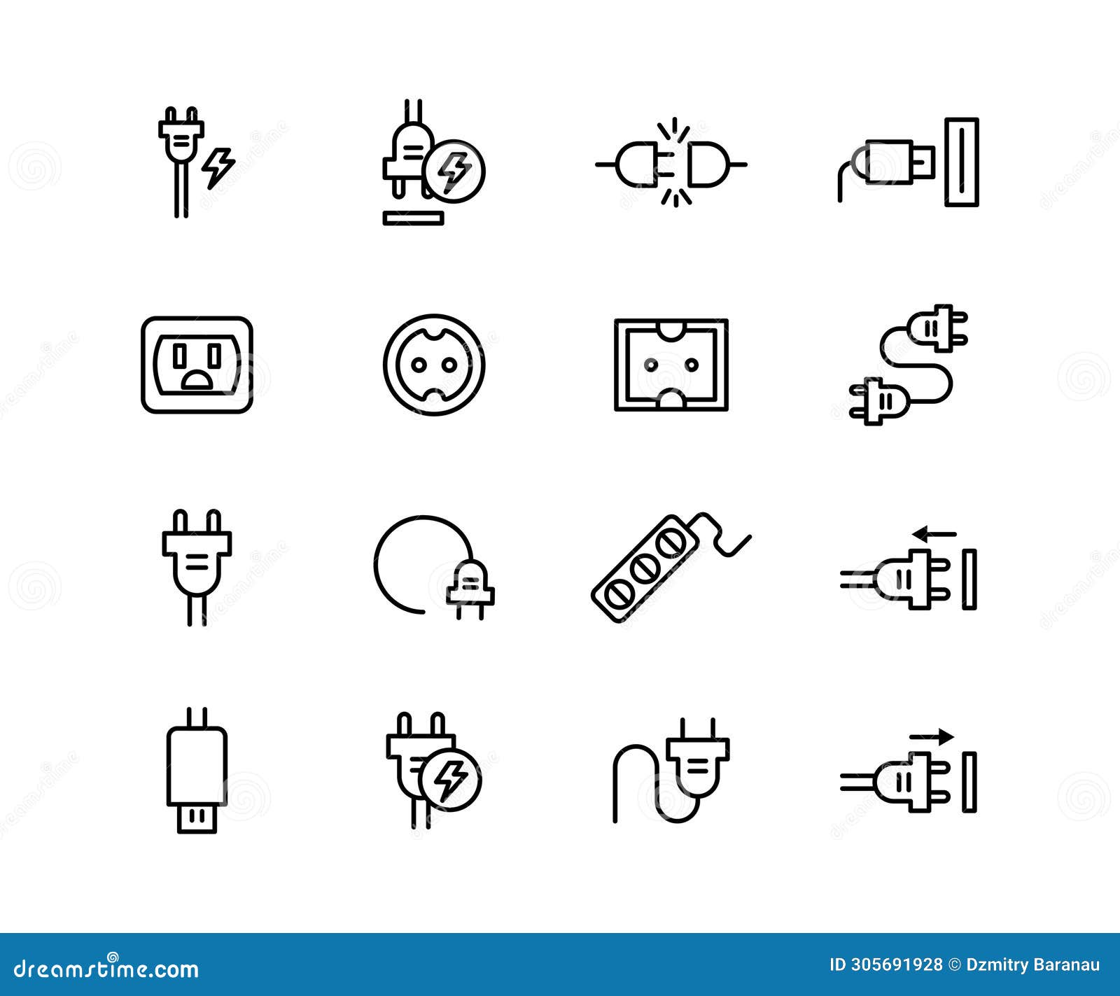 Vector Black Line Icon Set Plug Connection. Symbol Cable Technology ...