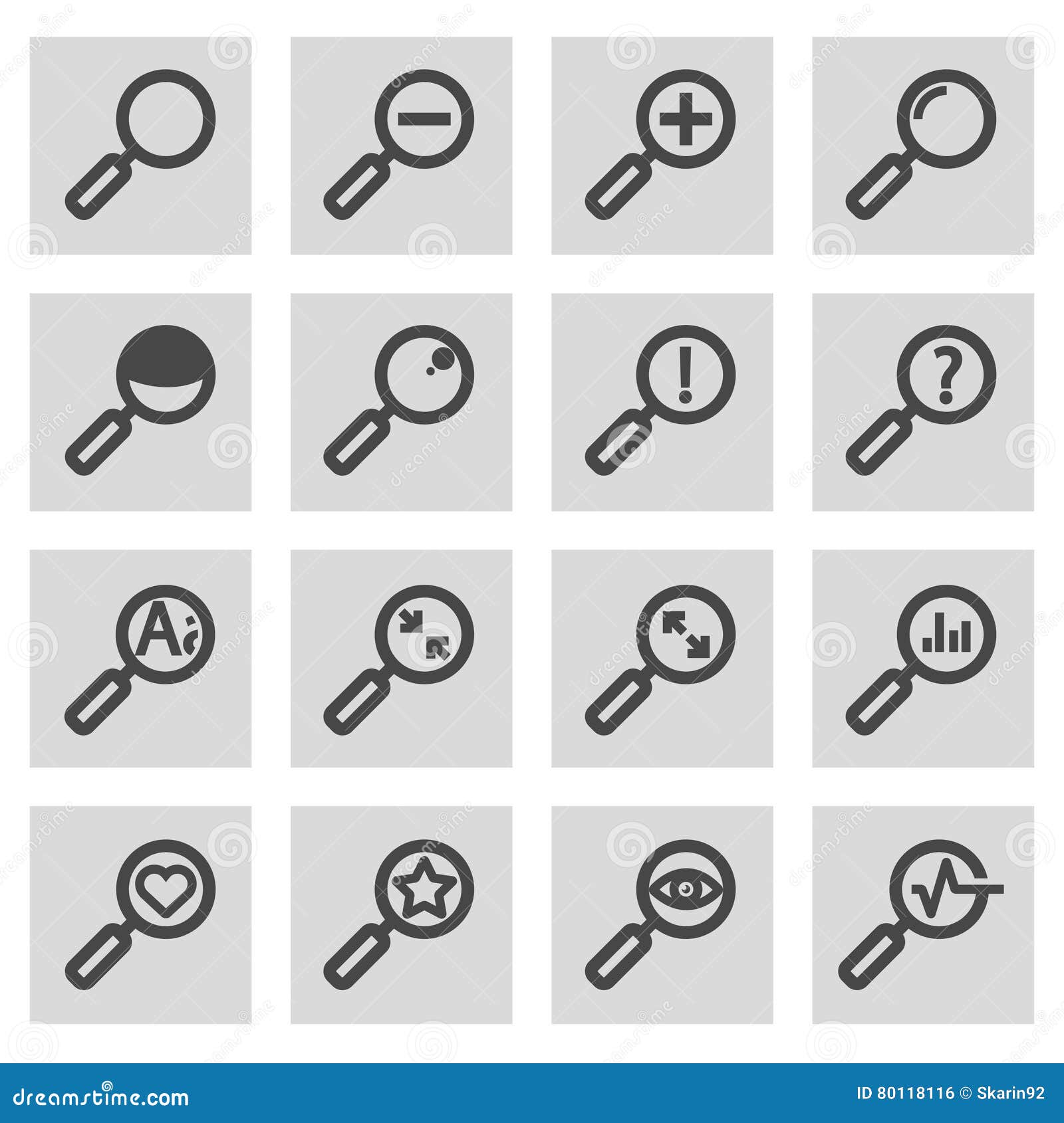 Vector Black Line Magnifying Glass Icons Set Stock Illustration