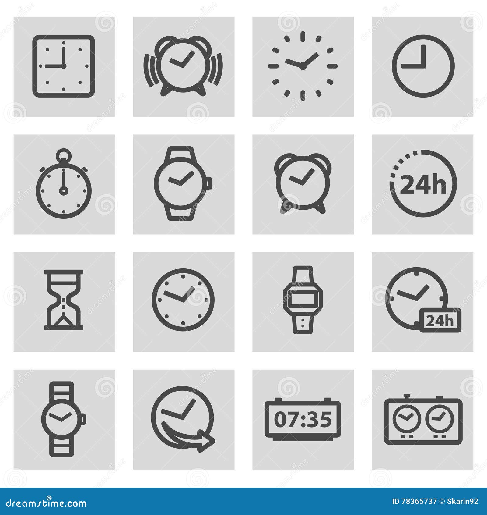 Vector Black Line Time Icons Set Stock Illustration - Illustration of ...
