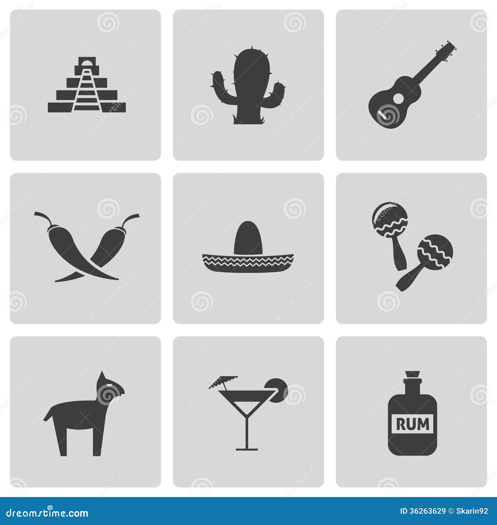 Mexico Icons Set, Cute Mexican Cartoon Symbols Vector Illustration On A ...