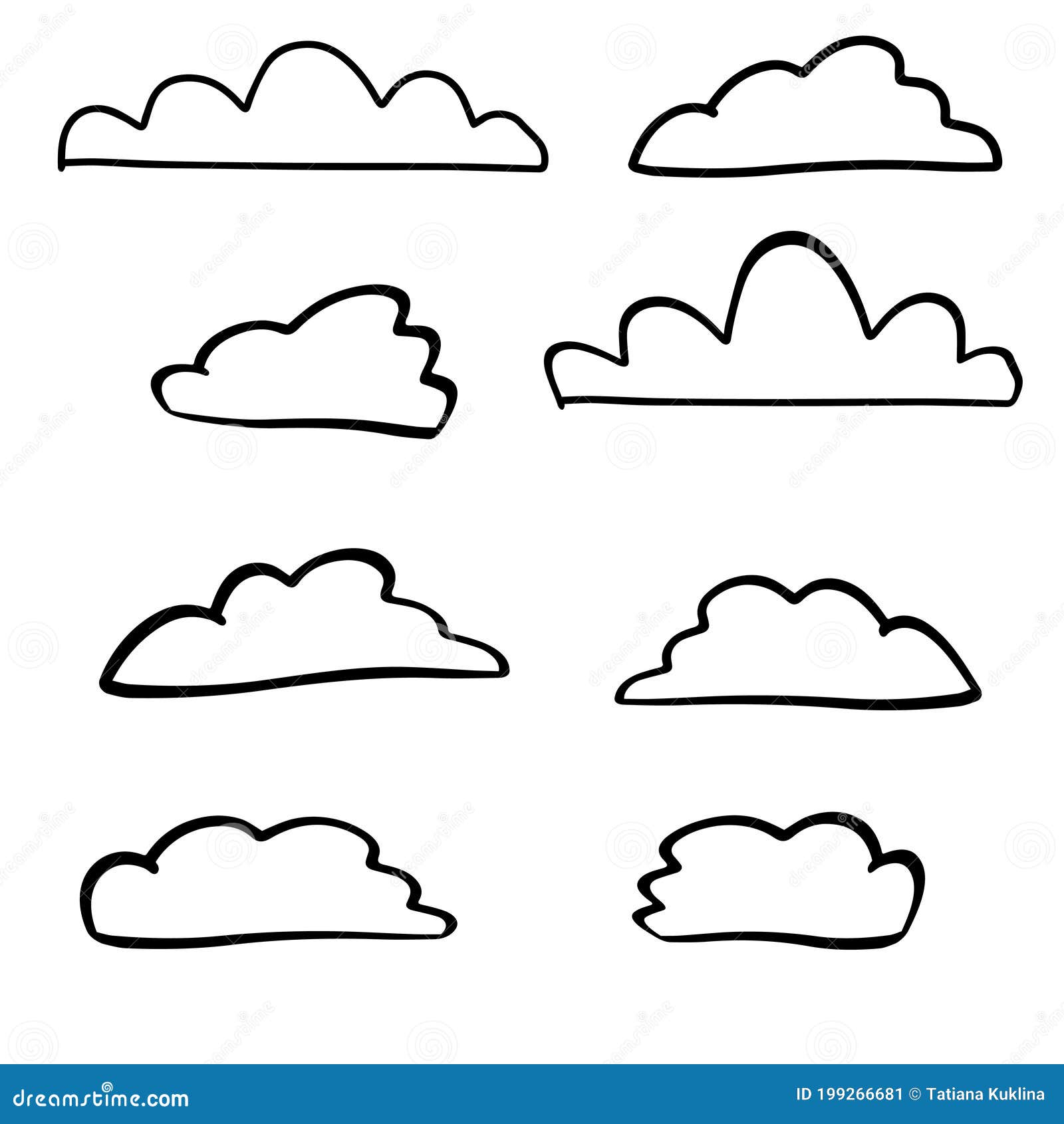 Vector Black Outline Illustration of a Group of Clouds Isolated on a ...