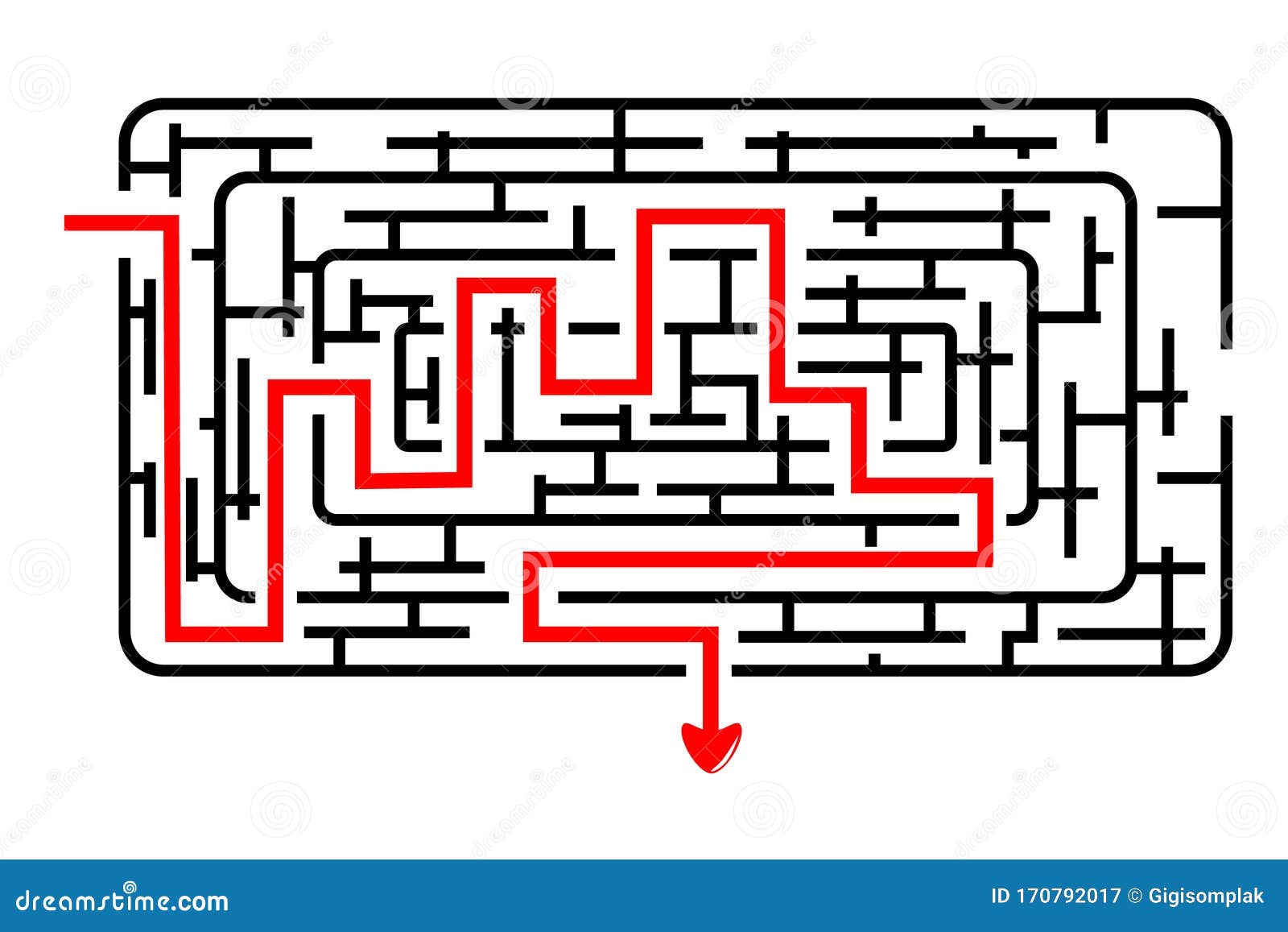 Vector Black Rectangle Rounded Corner Maze, Red Line From In To Out ...
