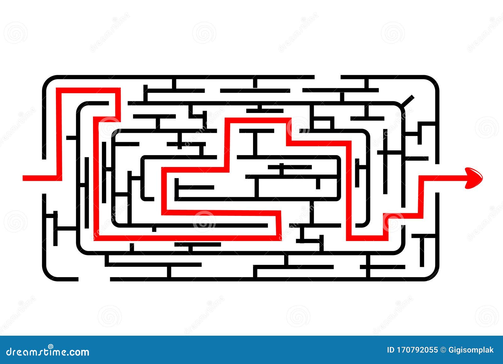 Vector Black Rectangle Rounded Corner Maze, Red Line From In To Out ...