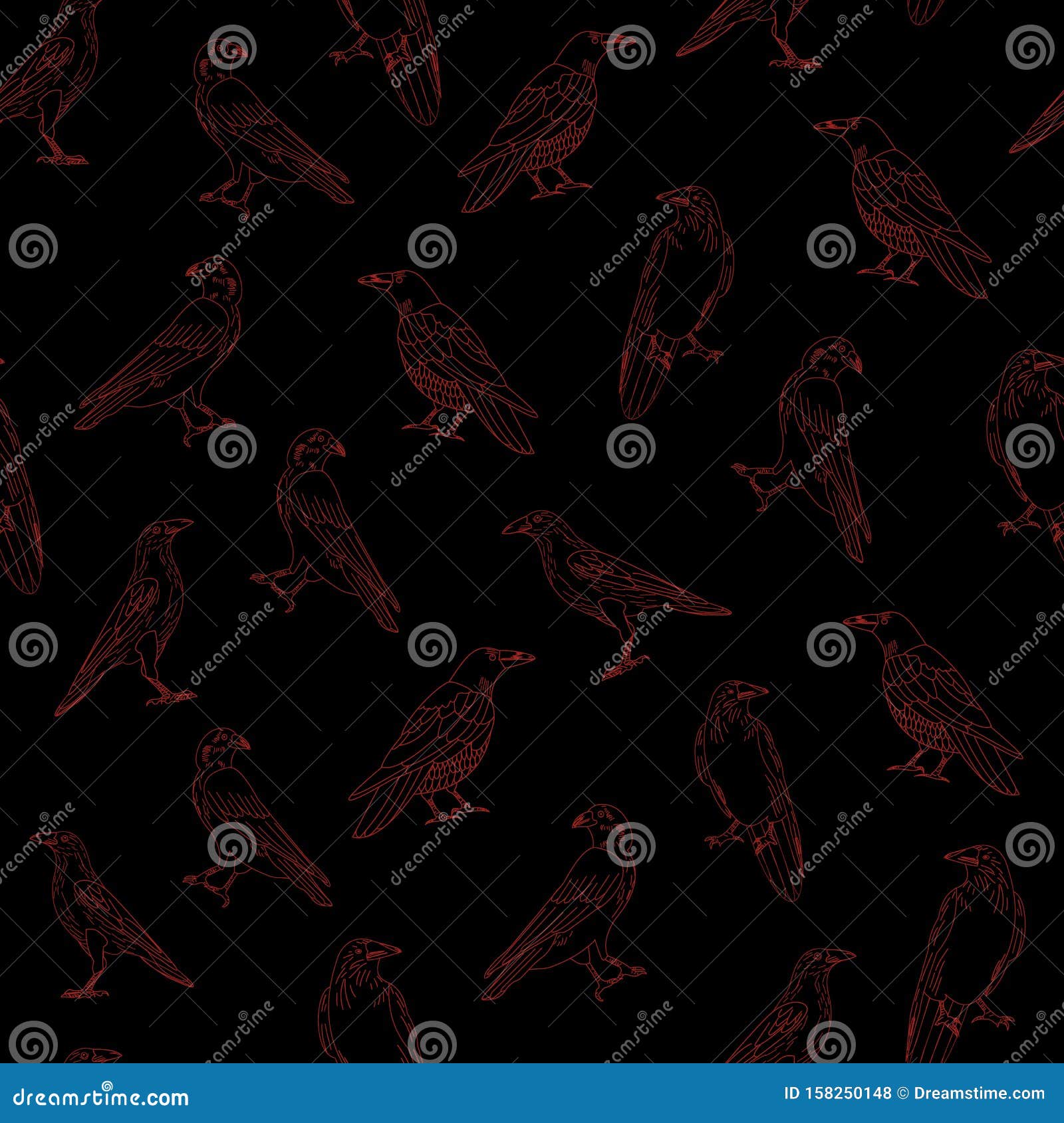 Vector Black Red Crows Ravens Birds on Black Background Seamless Repeat ...