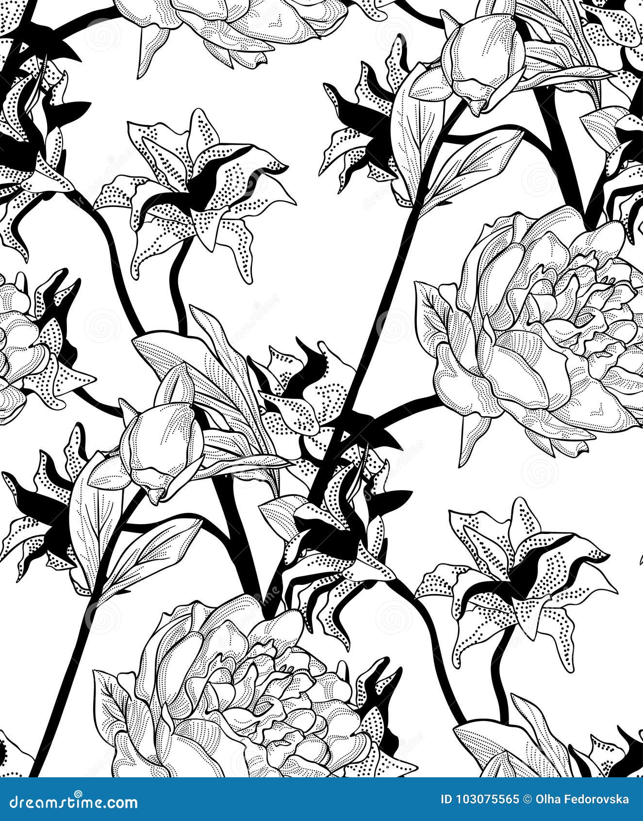 Vector Black Seamless Pattern with Drawn Flowers, Peony Stock Vector ...