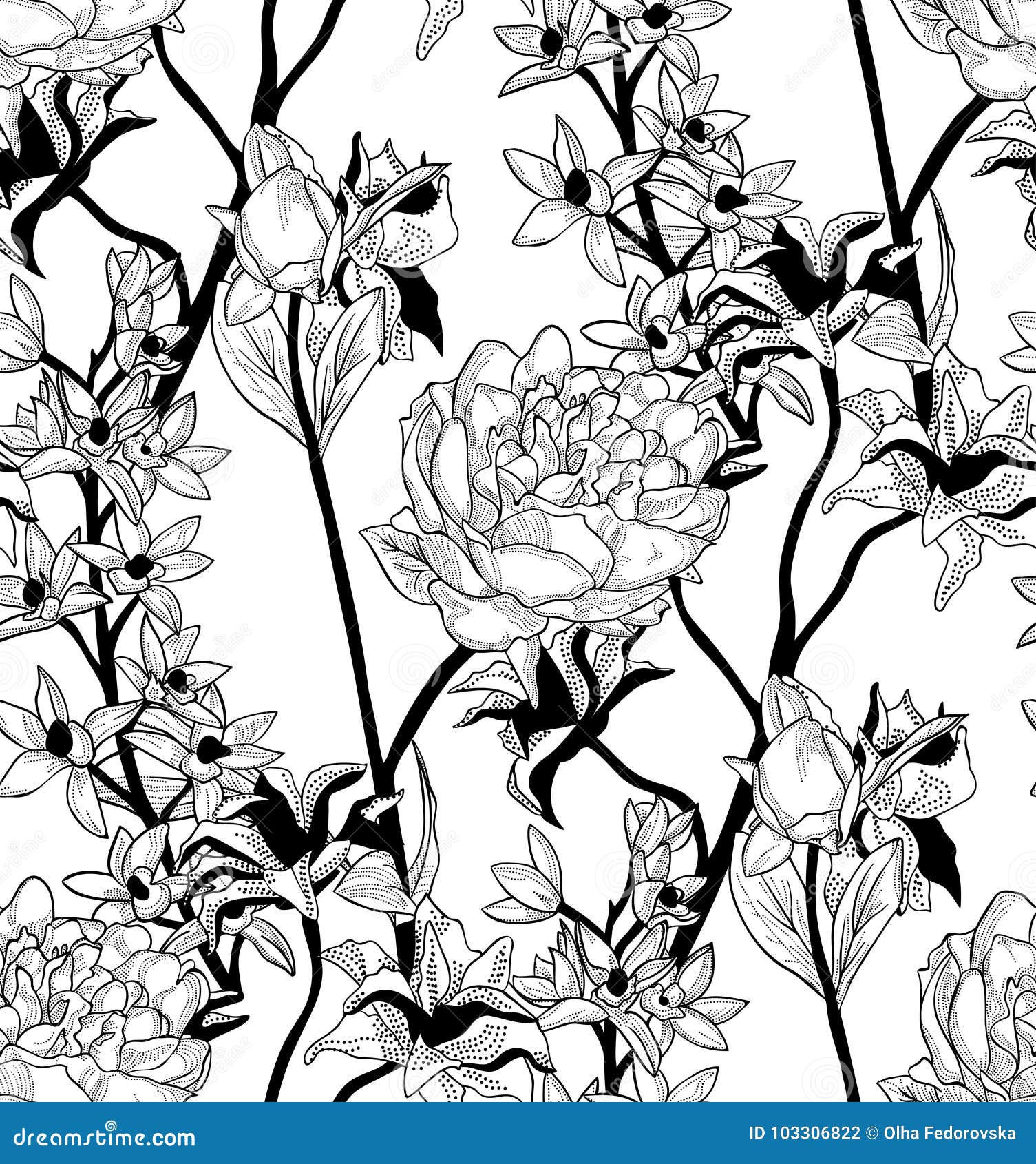 Vector Black Seamless Pattern with Drawn Flowers, Peony Stock Vector ...