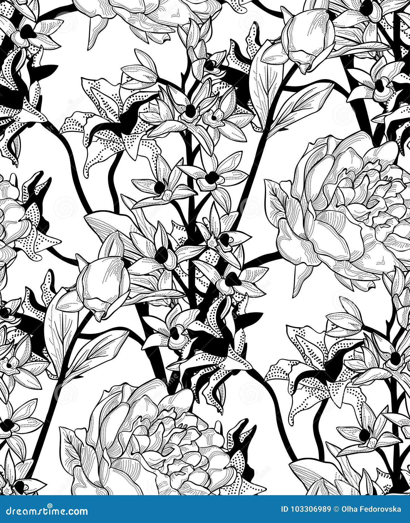 Vector Black Seamless Pattern with Drawn Flowers, Peony Stock Vector ...