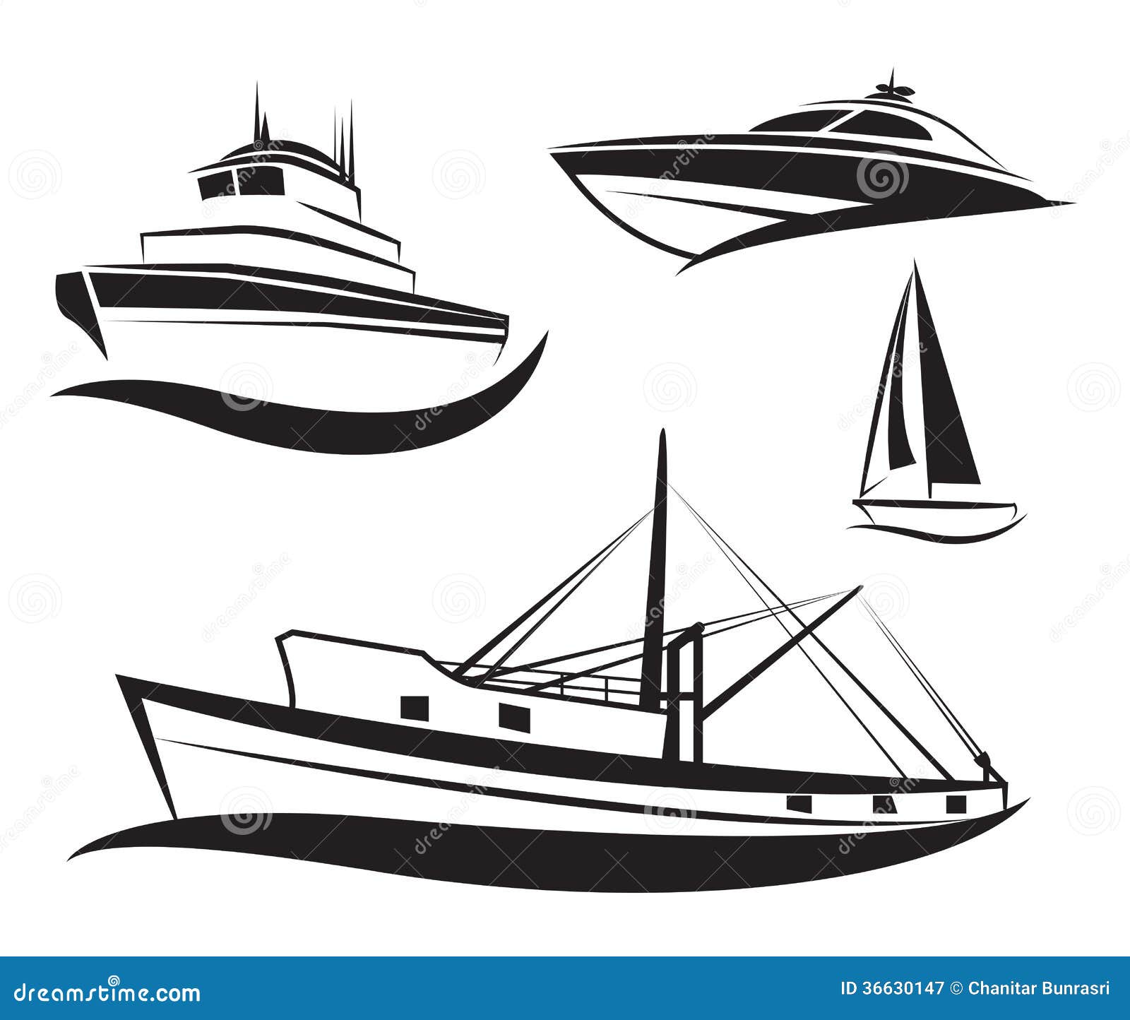 Vector Black Ship and Boat Set. Stock Vector - Illustration of boat ...