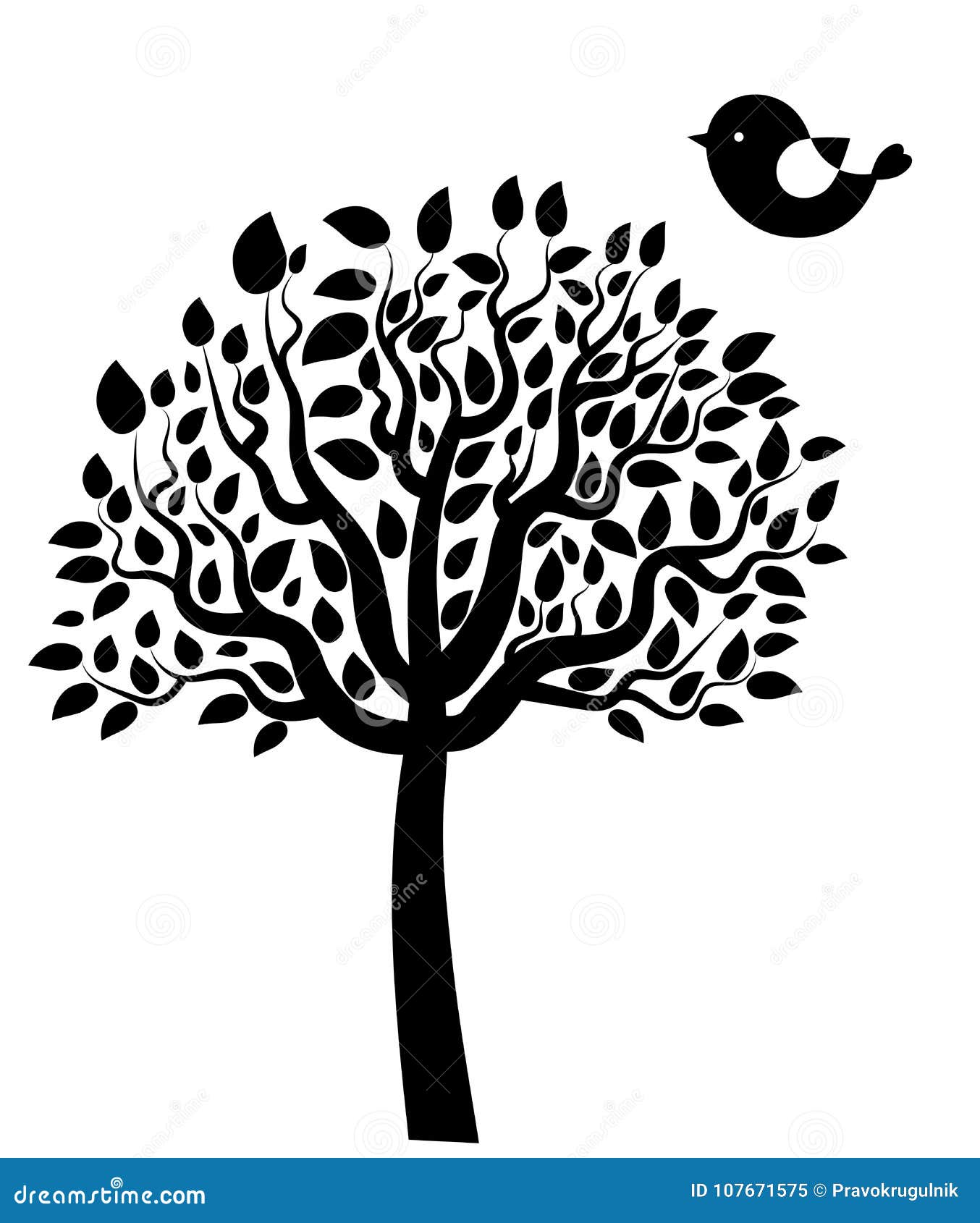 Vector Black Tree Silhouette with Leaves and a Bird Stock Vector ...