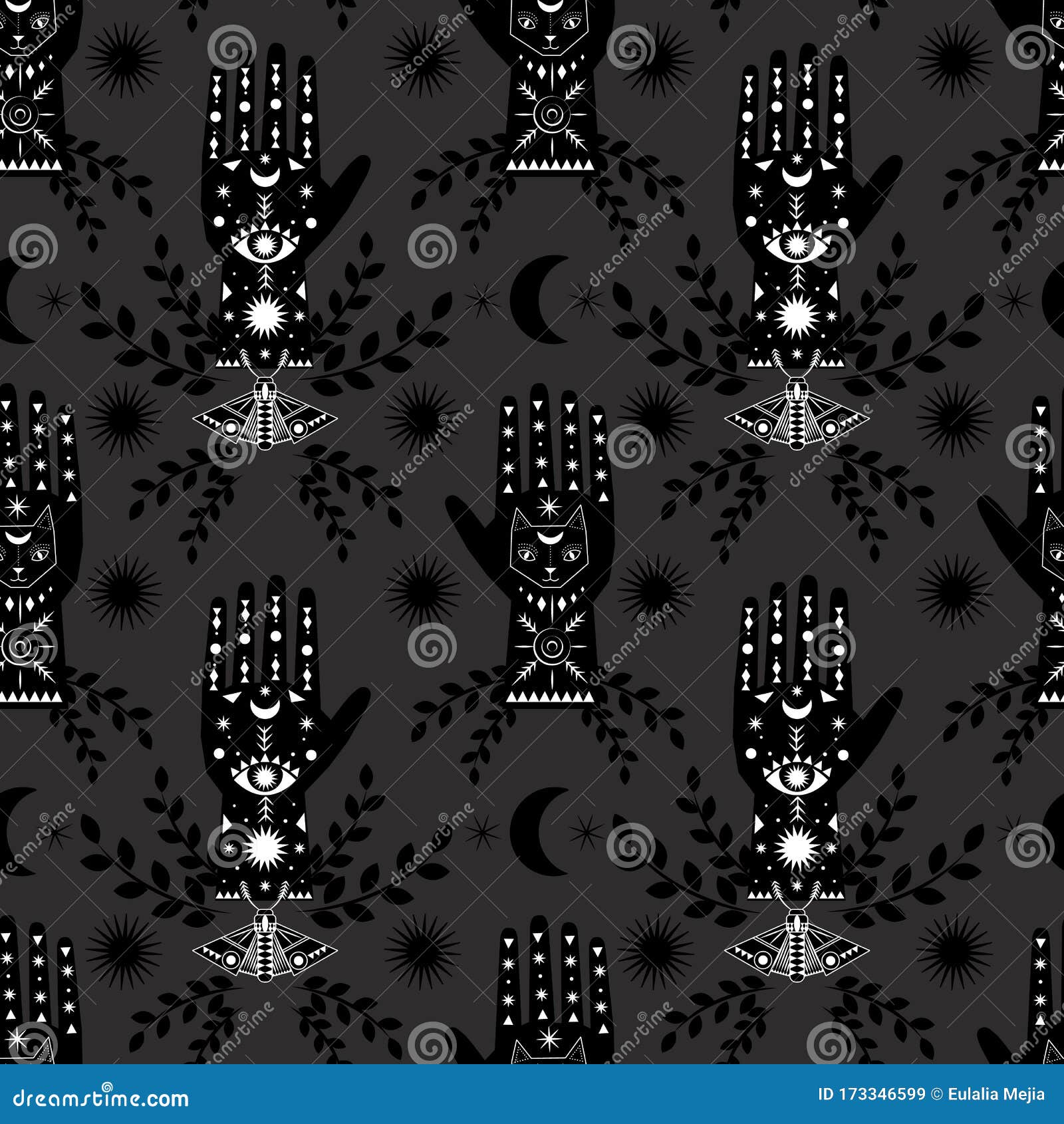 Vector Black and White Occult Witch and Magic Repeat Seamless Pattern ...