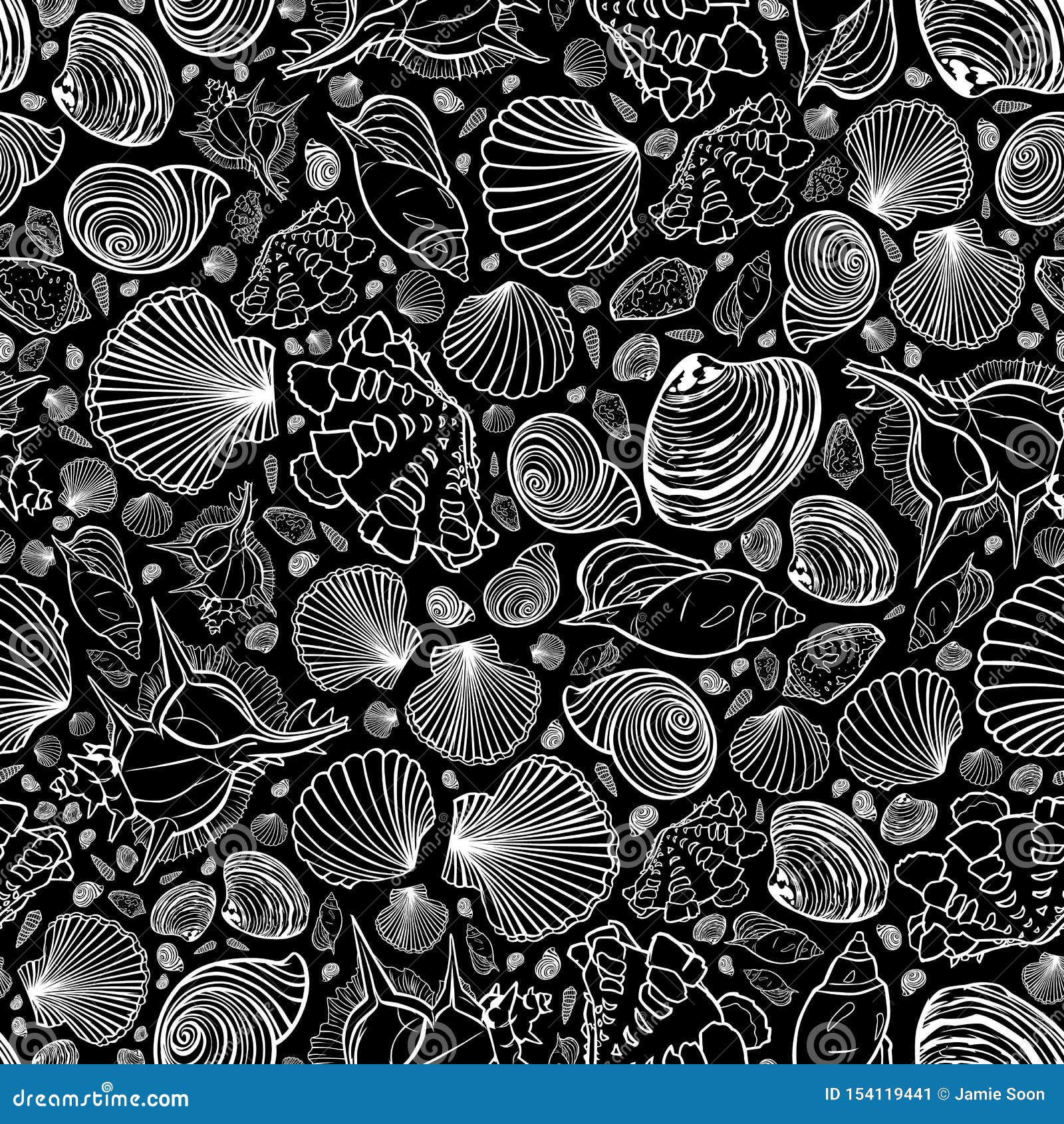 Vector Black and White Repeat Pattern with Variety of Seashells ...