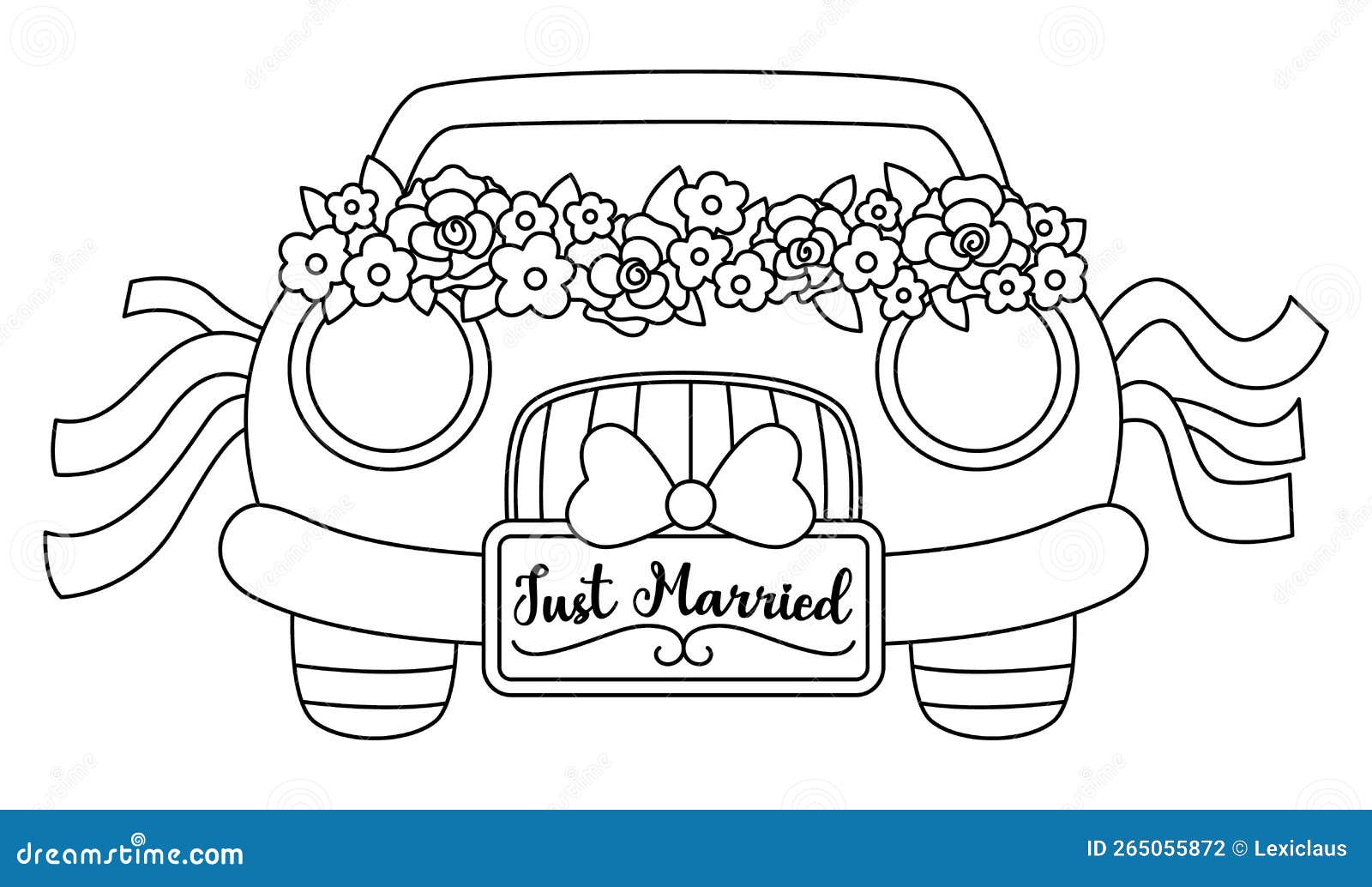 Vector Black And White Wedding Car Decorated With Flowers And Ribbons
