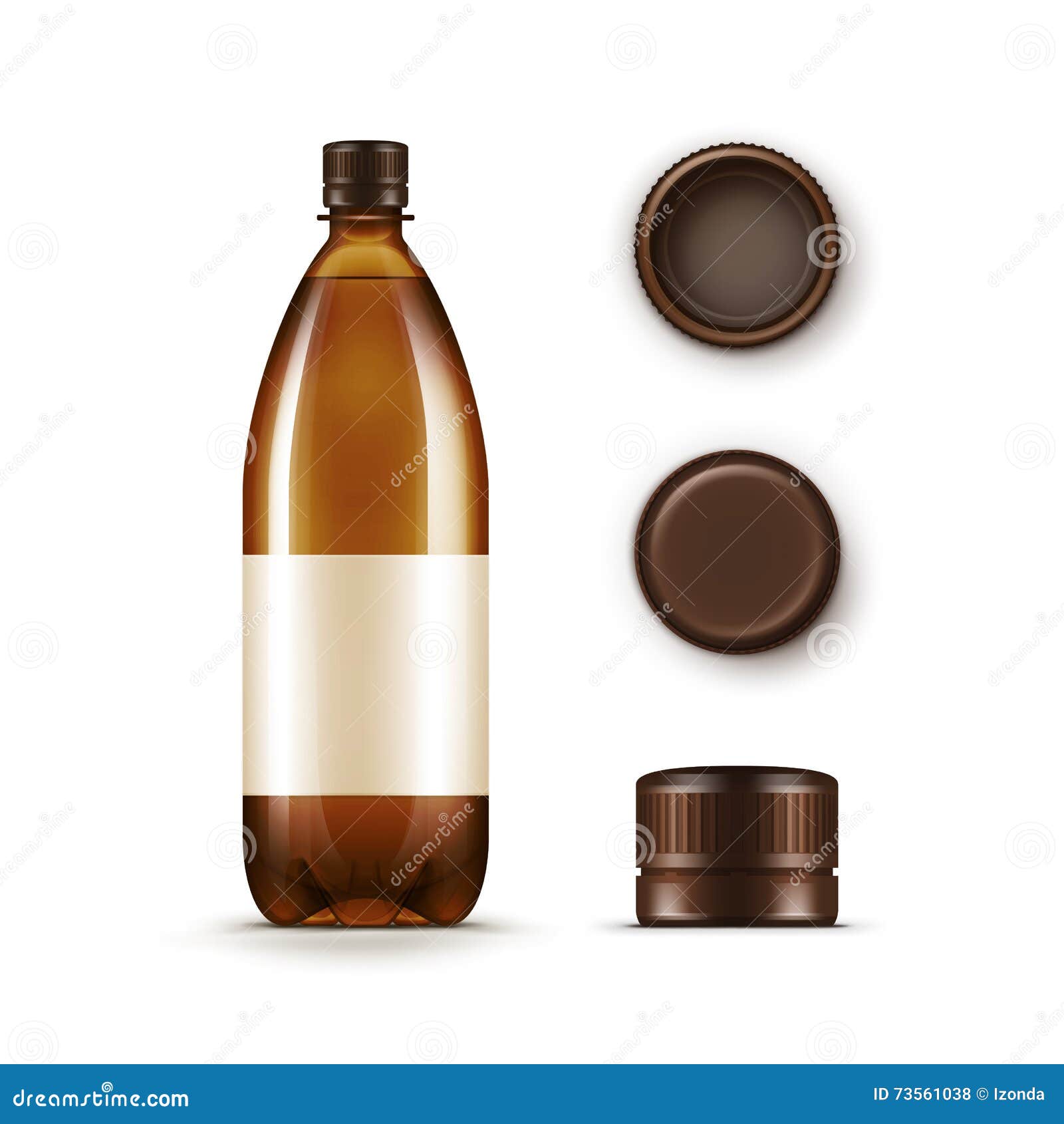 Vector Blank Plastic Brown Bottle with Set of Caps Isolated on White ...