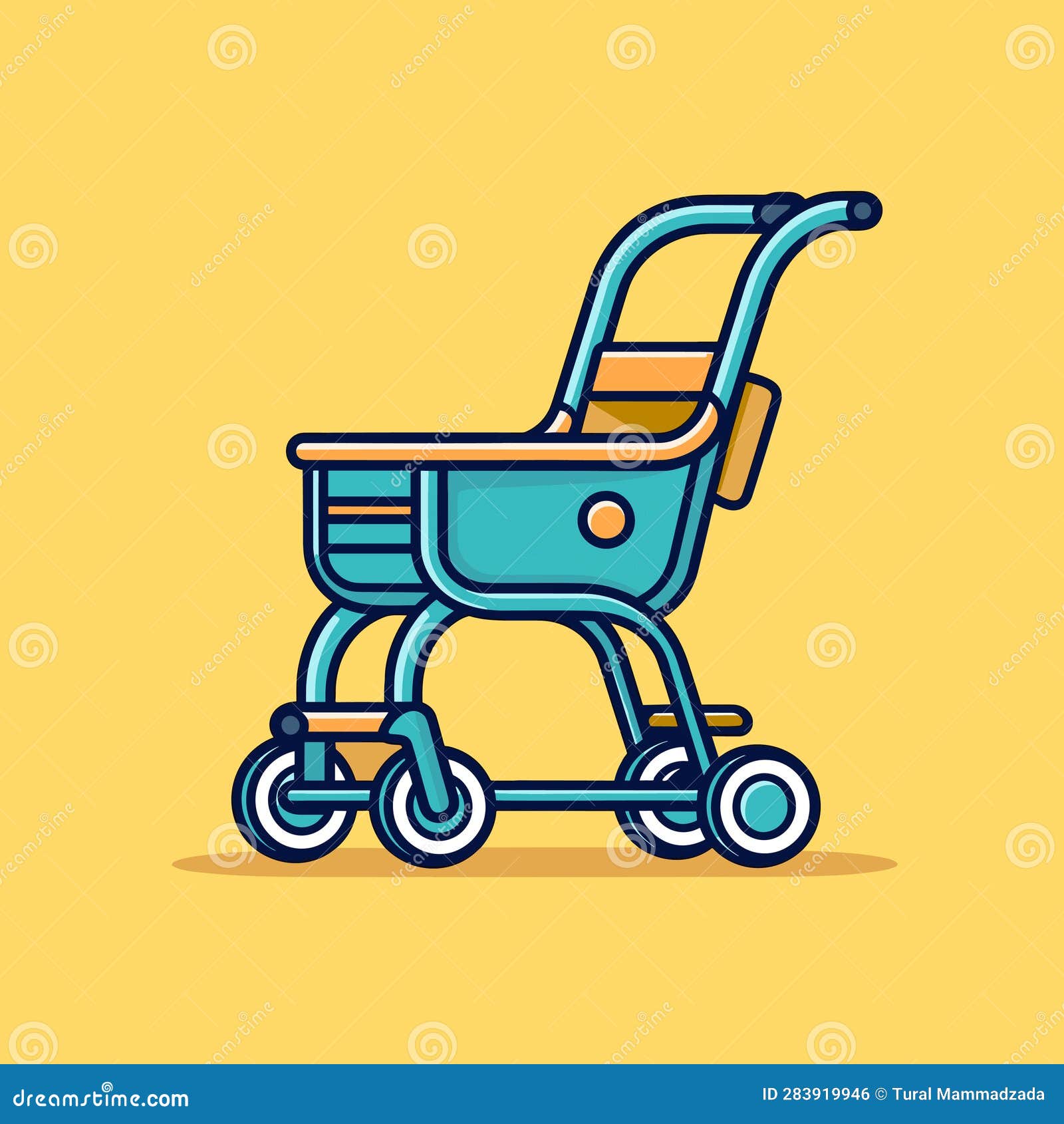Vector of a Blue Baby Stroller on a Vibrant Yellow Background Stock ...