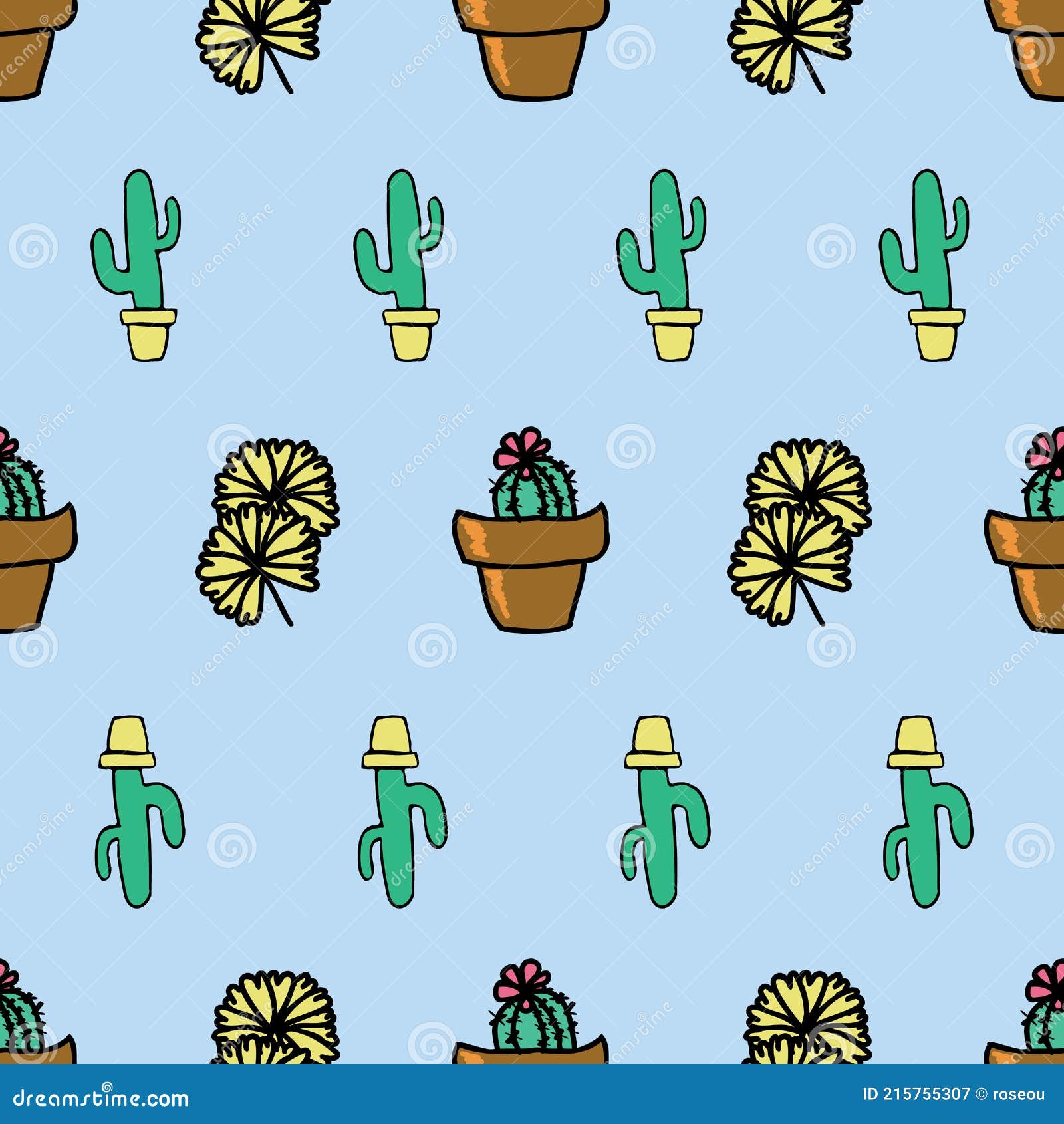 Vector Blue Background Cactus Plant in Pot, Succulents Seamless Pattern ...