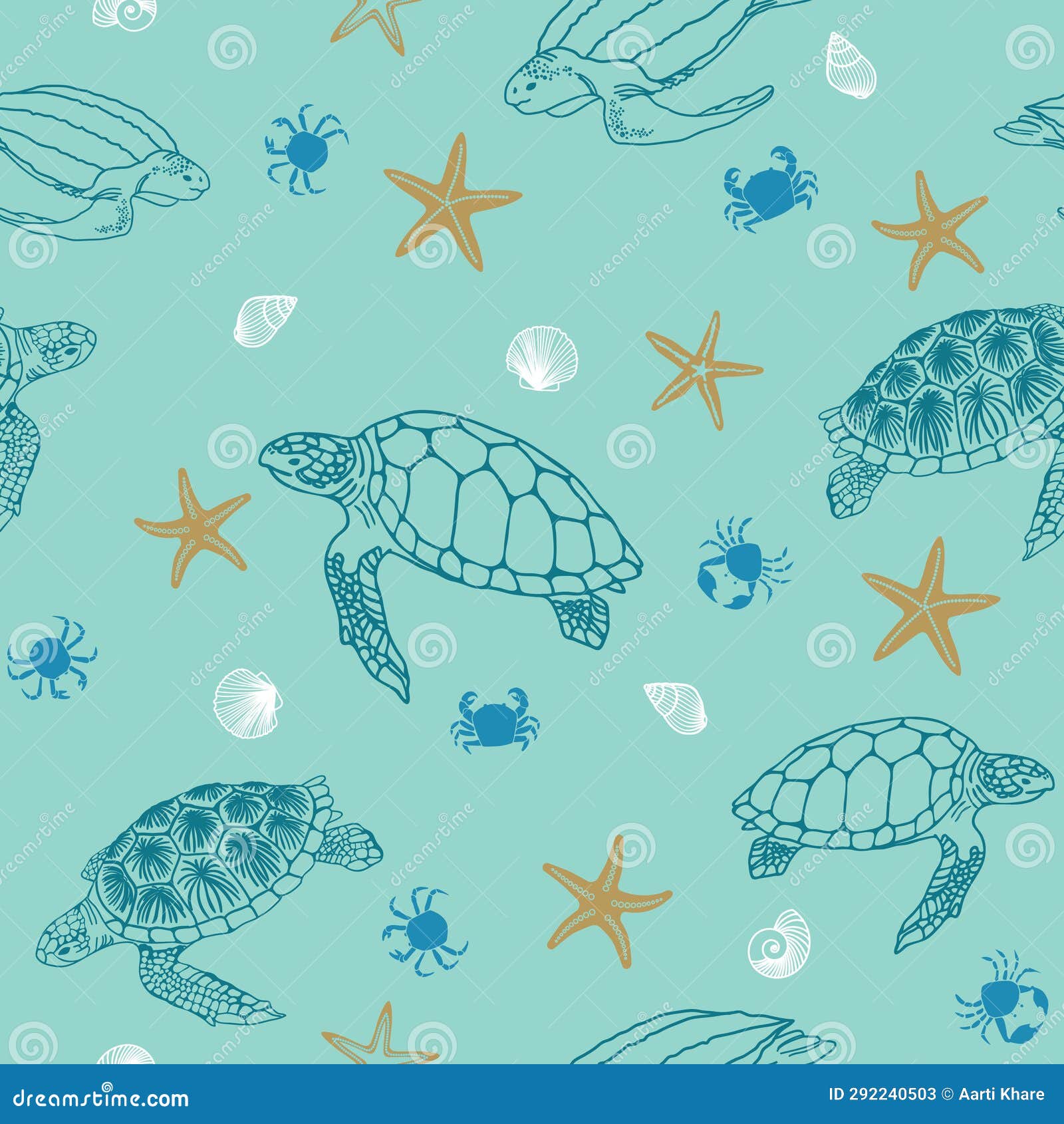 Vector Blue Beach Turtles Seamless Pattern Background. Perfect for ...