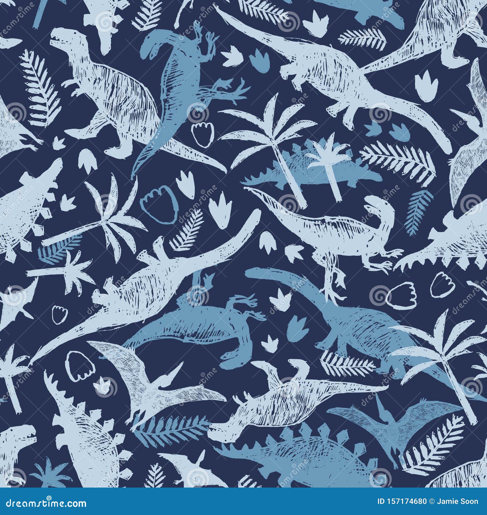 Vector Blue Dinosaur Sketch Repeat Pattern with Chaotic Arrangement ...