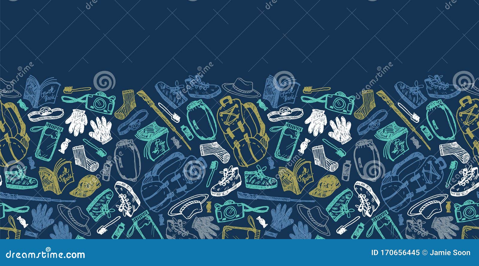 Vector Blue Doodle Sketch Horizontal Border Pattern with Objects for ...
