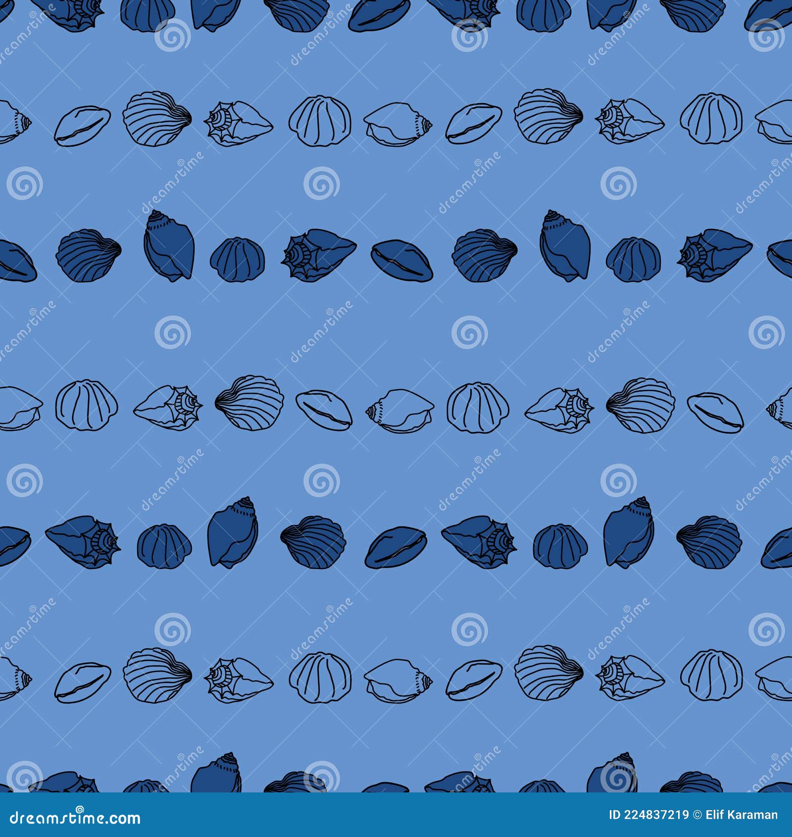 Vector Blue Horizontal Seashells Doodle Background Pattern Stock Vector ...
