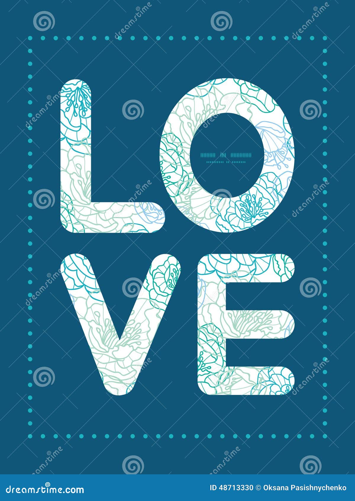 Vector Blue Line Art Flowers Love Text Frame Stock Vector ...