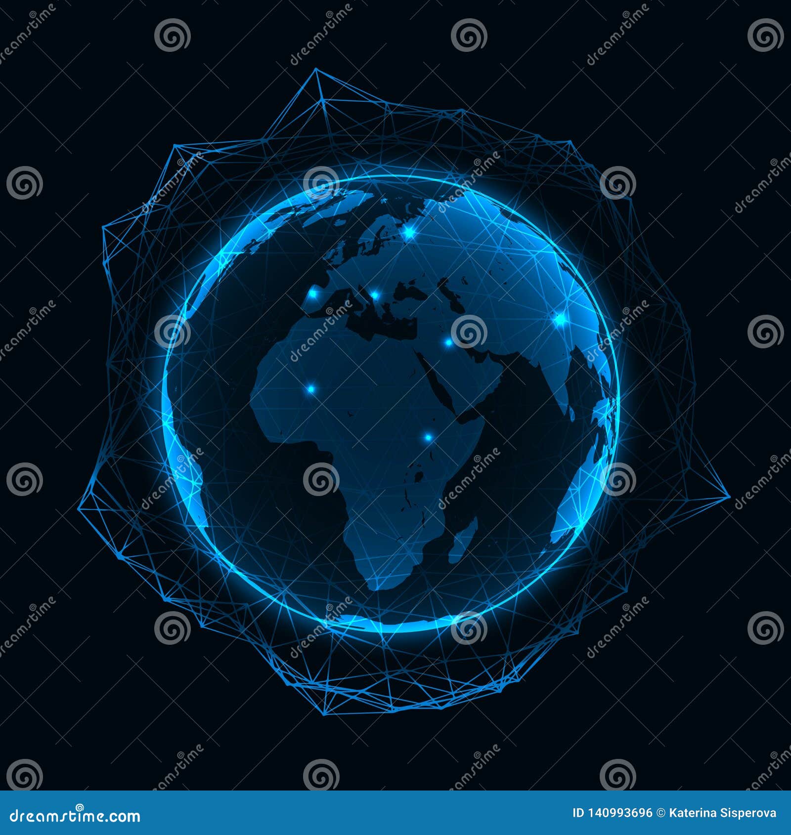 Vector Blue Neon Illuminated Globe with Geometric Polygonal Grid and ...