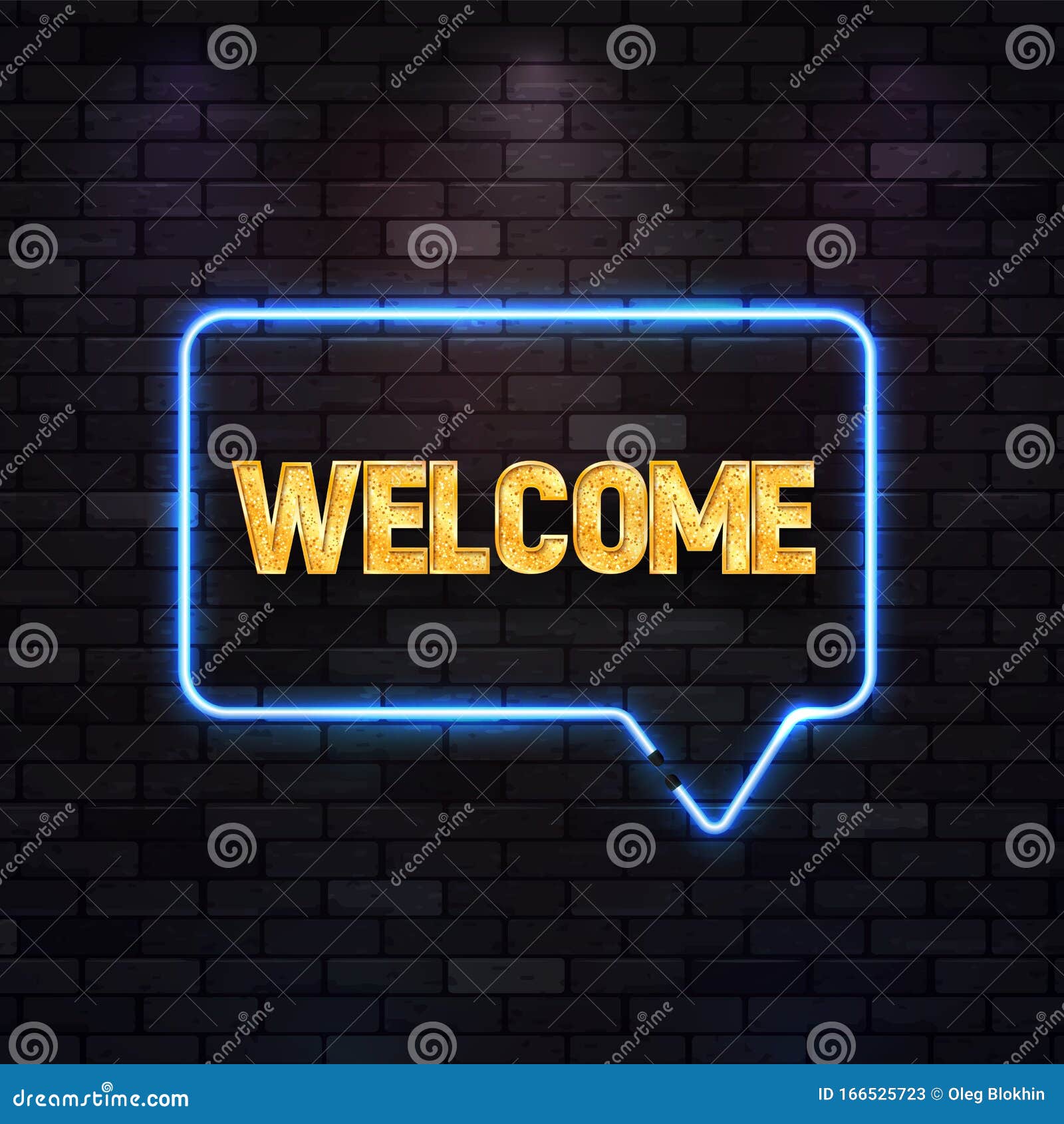 Vector Blue Neon Sign with Welcome Golden Text on Dark Brick Wall ...