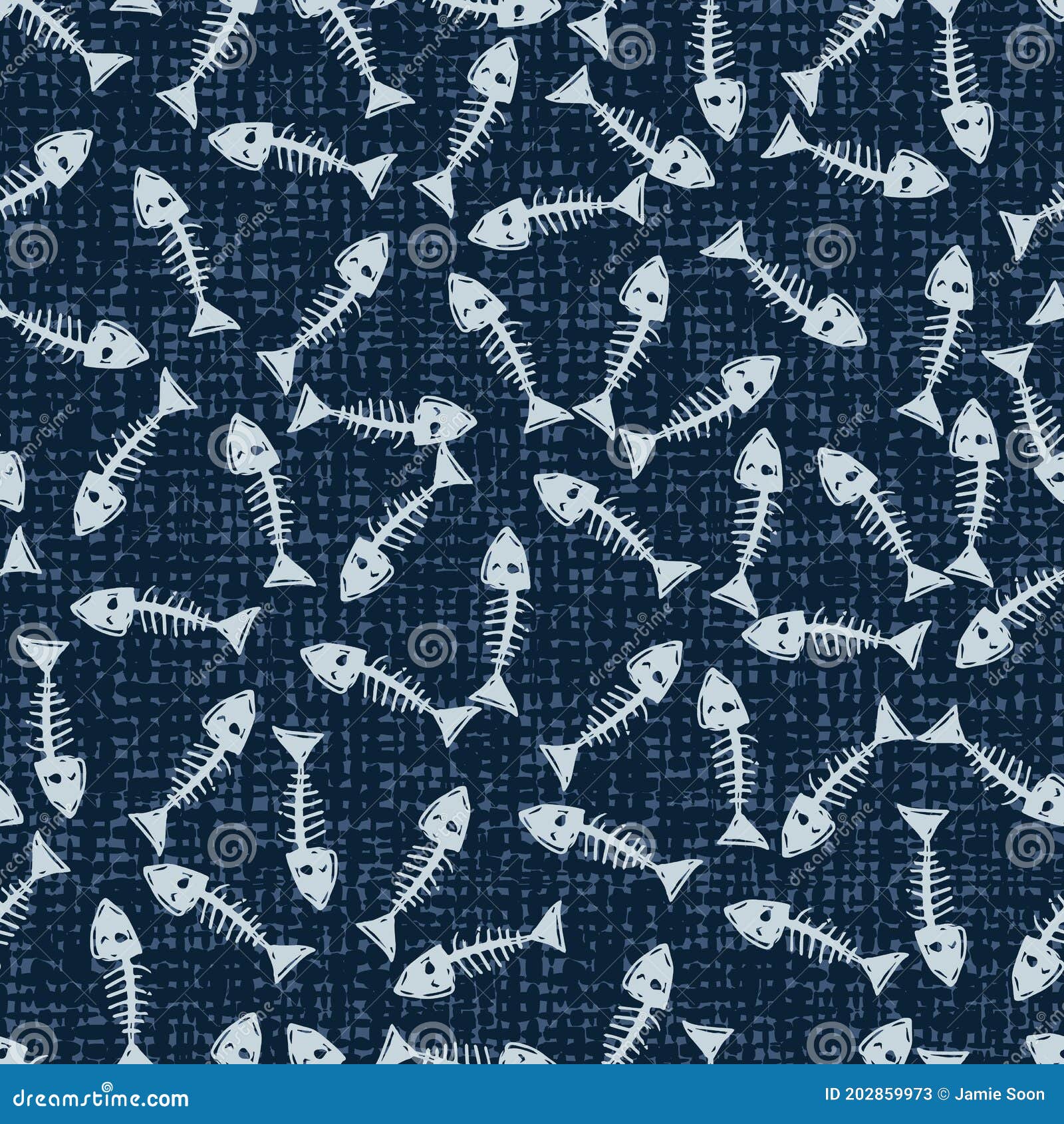 Vector Blue Pen Sketch Fish Bone Seamless Pattern with Canvas ...