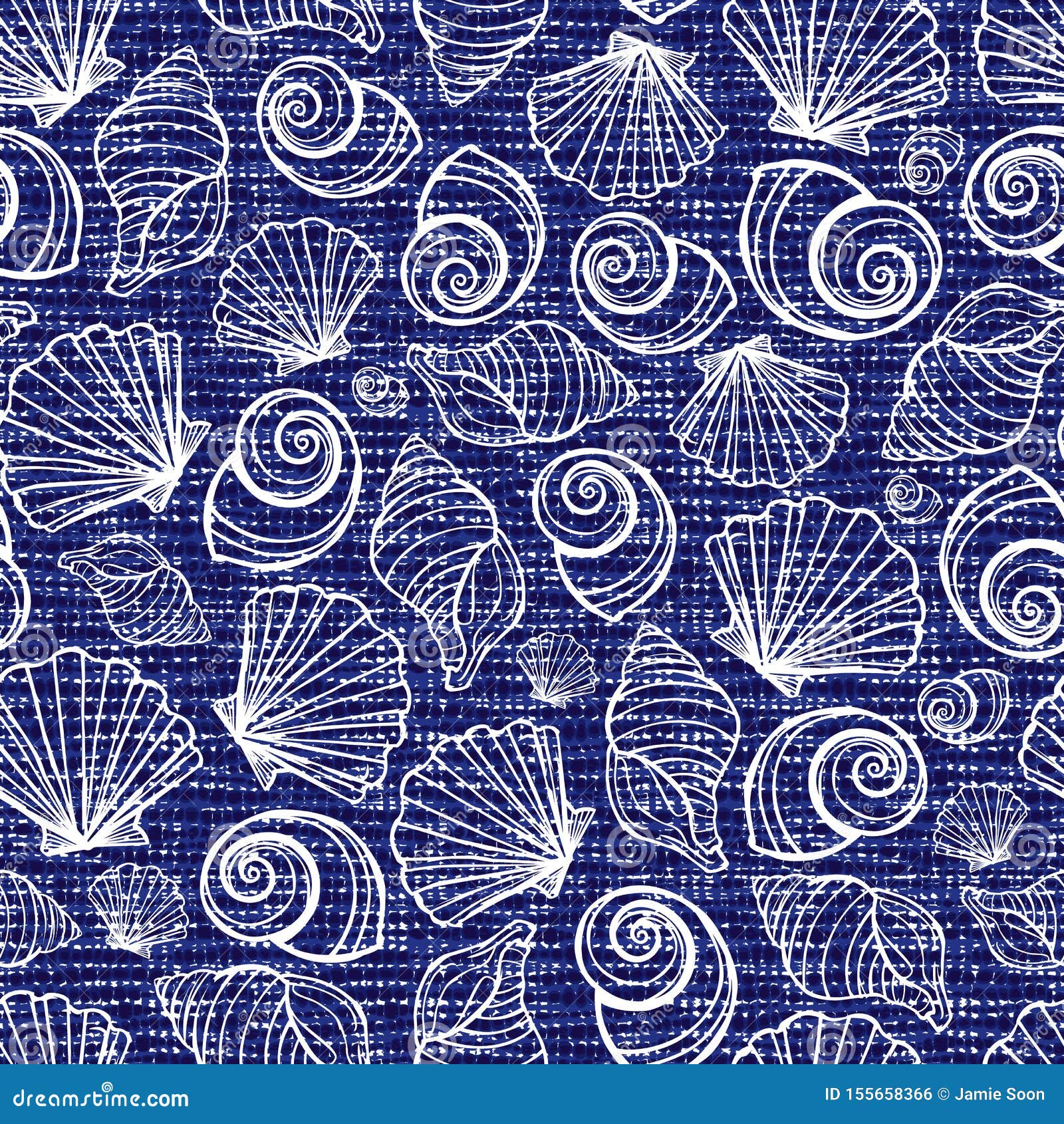 Vector Blue Seamless Fabric Texture with Seashells Pattern. Canvas for ...