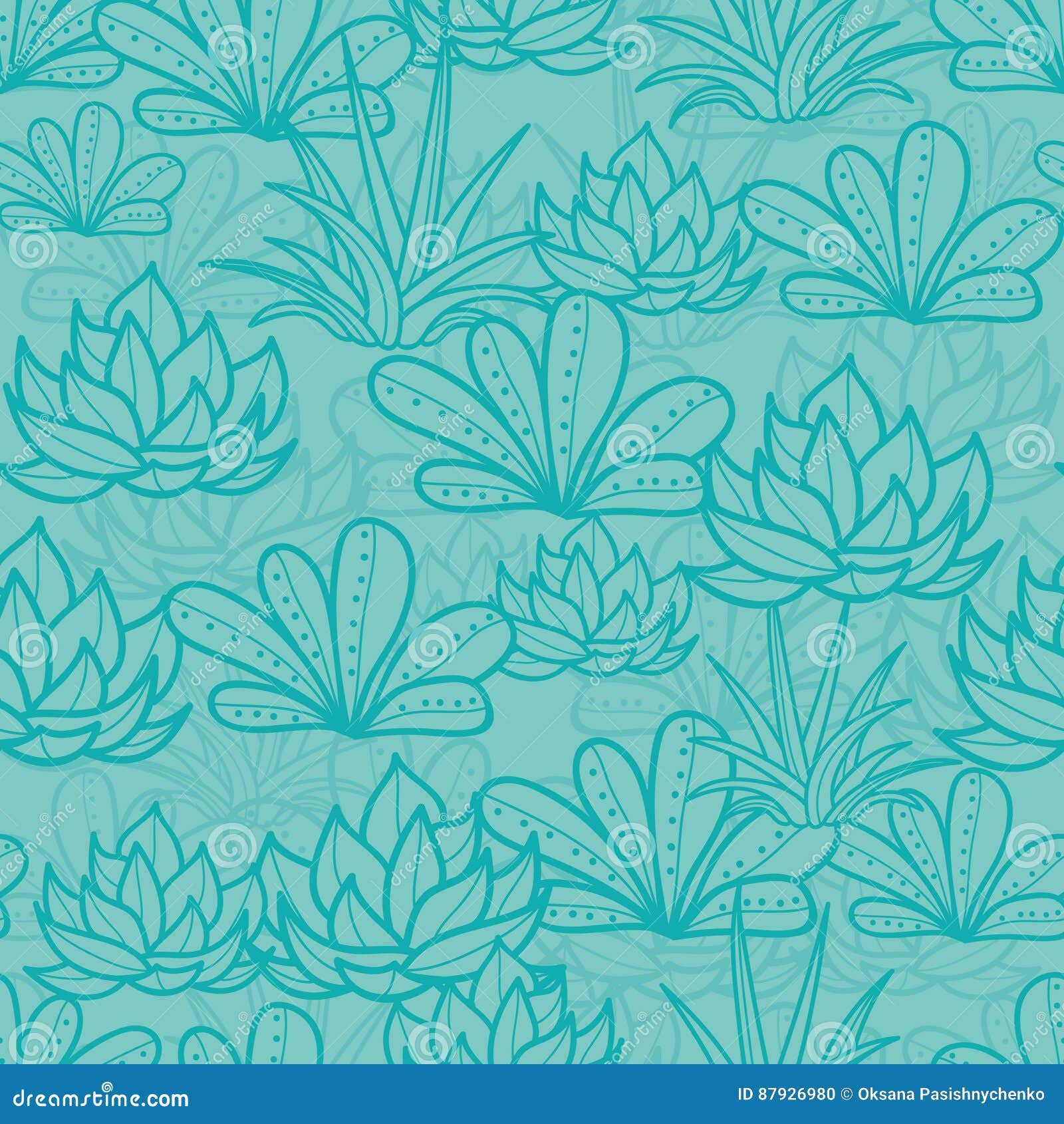 Vector Blue Seamless Repeat Pattern with Growing Succulents and Cacti ...