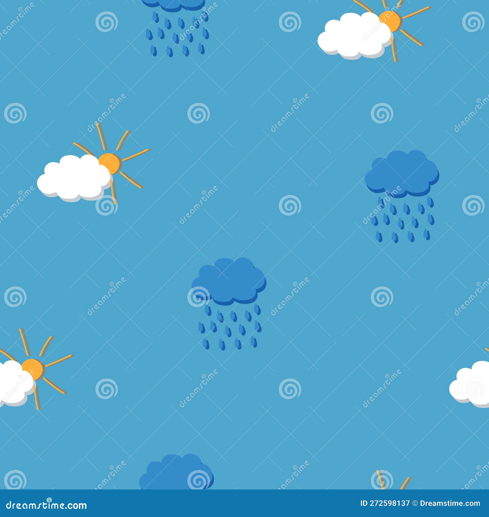 Vector Blue Sky with Clouds, Sun and Rain Pattern Background. Stock ...