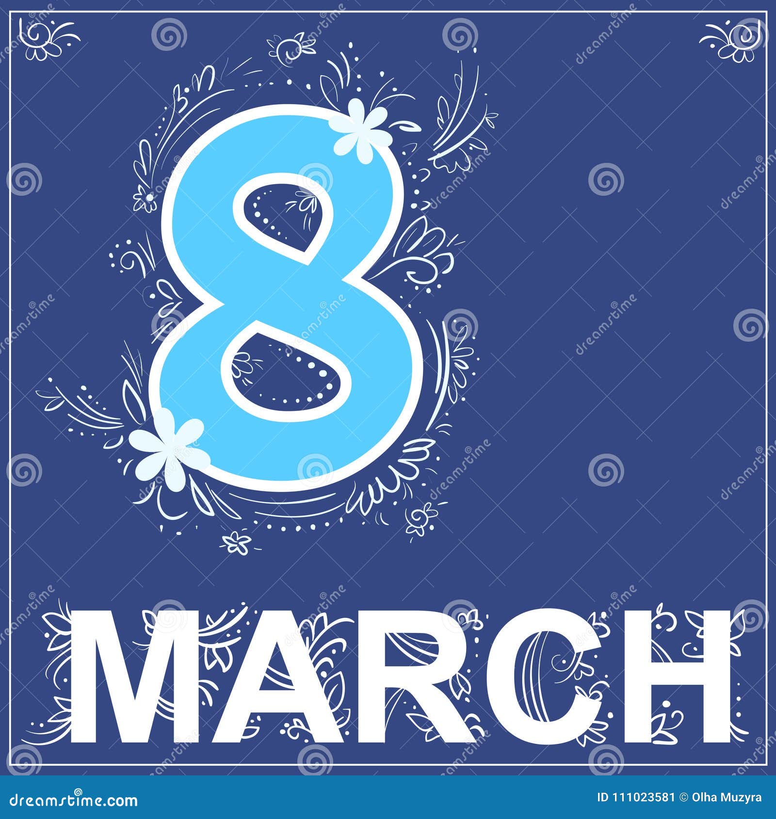 Vector Blue Square Simply Greeting Card March with Floral Elem Stock ...