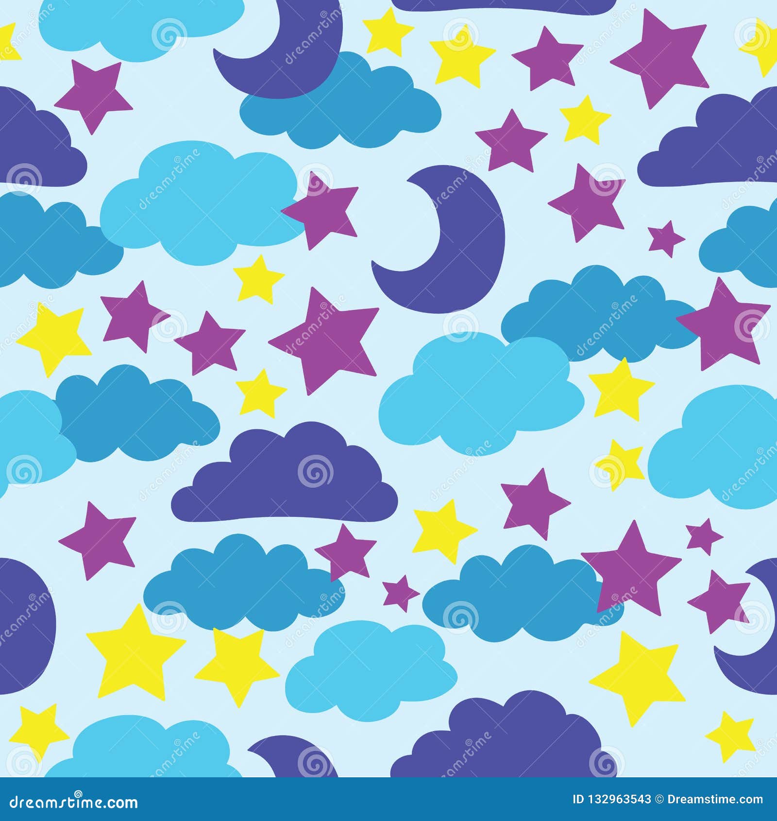 Vector, Blue, Sun, Moon, Stars and Clouds. Seamless Pattern Background ...