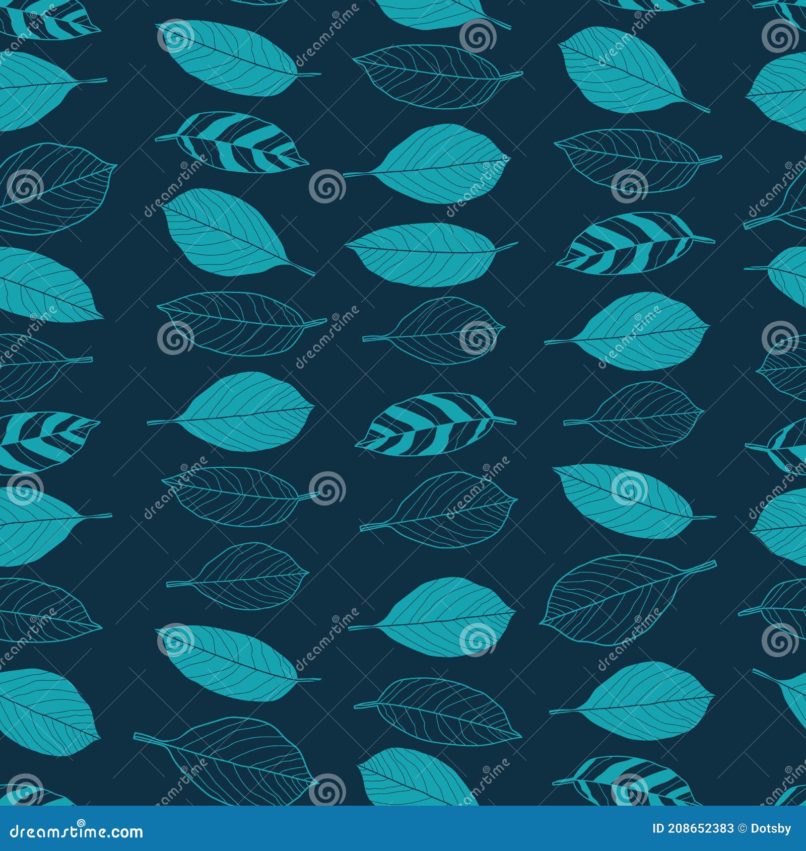 Vector Blue Linear Leaves Dark Seamless Pattern Stock Vector ...