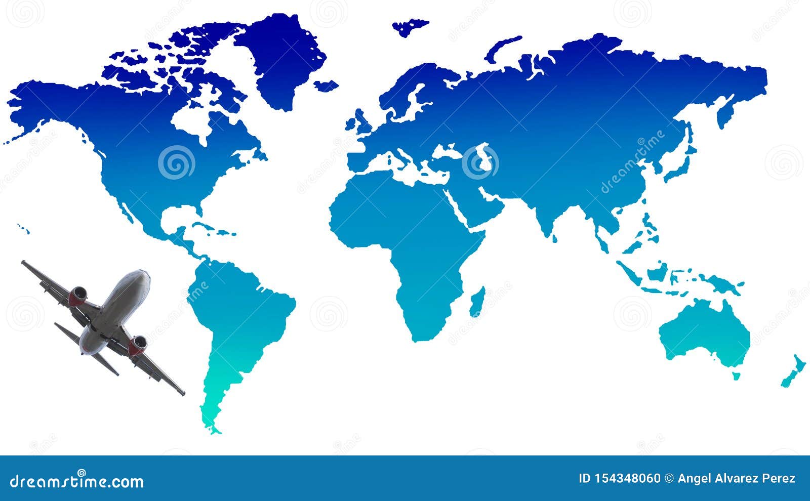 Vector Blue World Map on White Background with an Airplane Stock ...