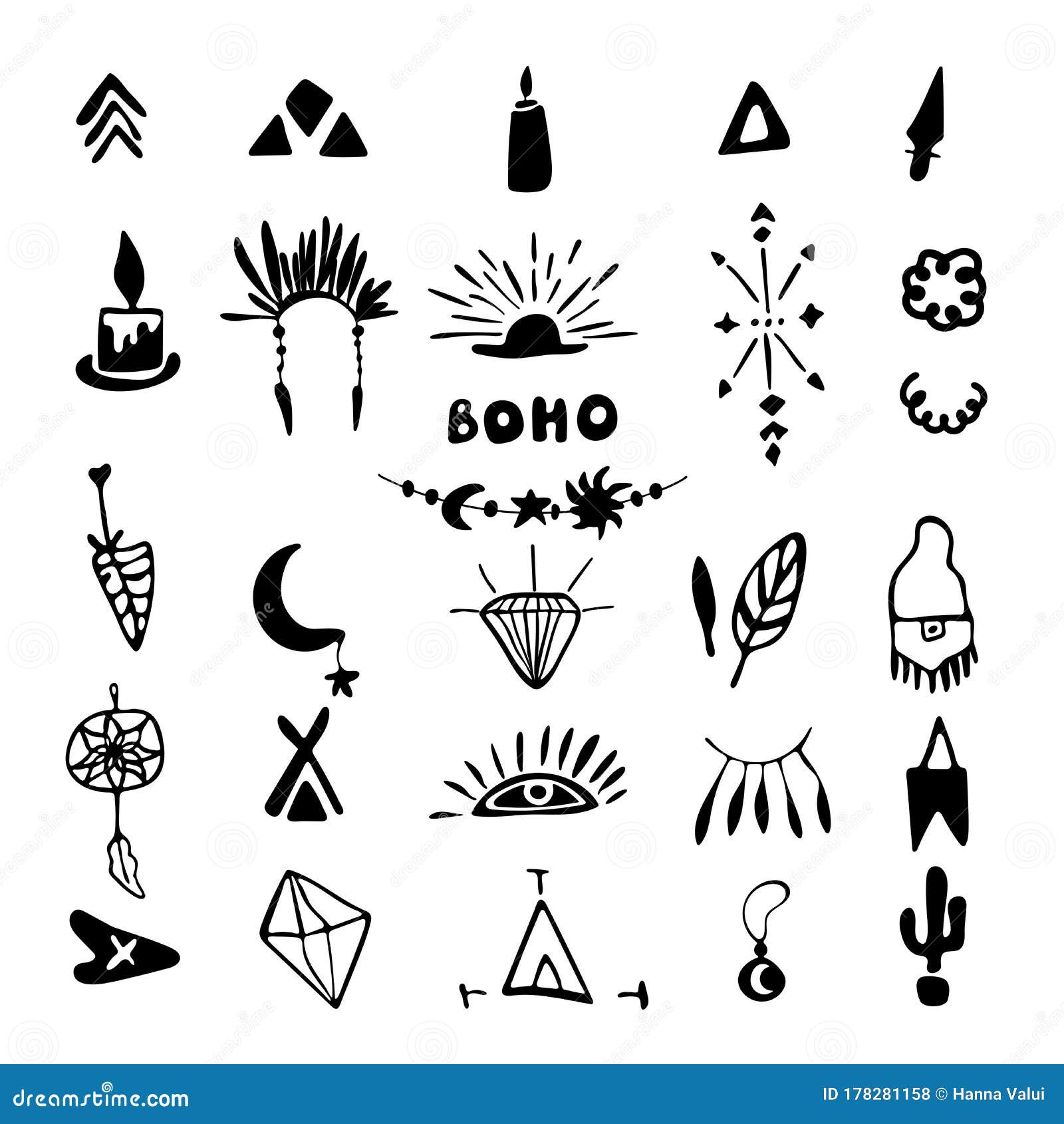 Vector Boho Decor Set, Collection of Hand Drawn Doodle Boho Style ...