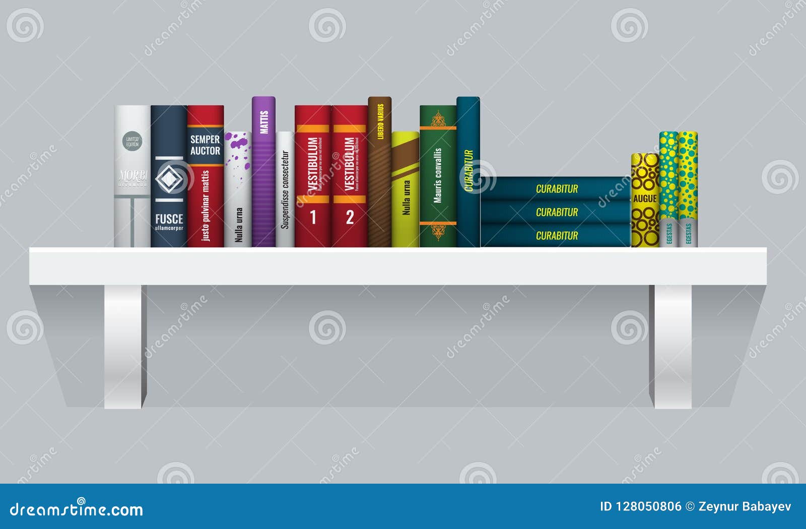 Realistic Books Row Bookshelf. 3d Library Wall Shelf With Blank Thicks ...